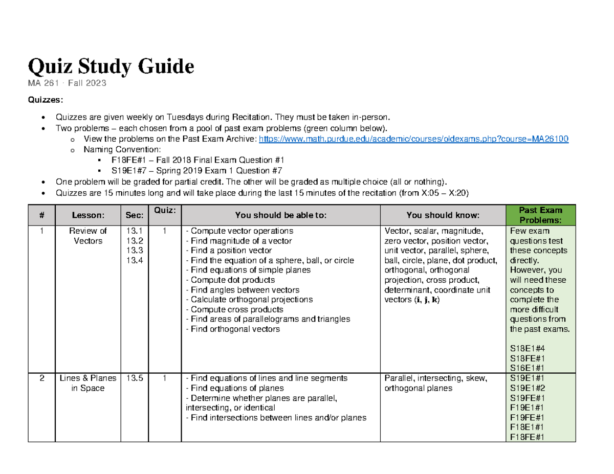Quiz study guide ma261 f23 - Quiz Study Guide MA 261 ∙ Fall 2023 ...