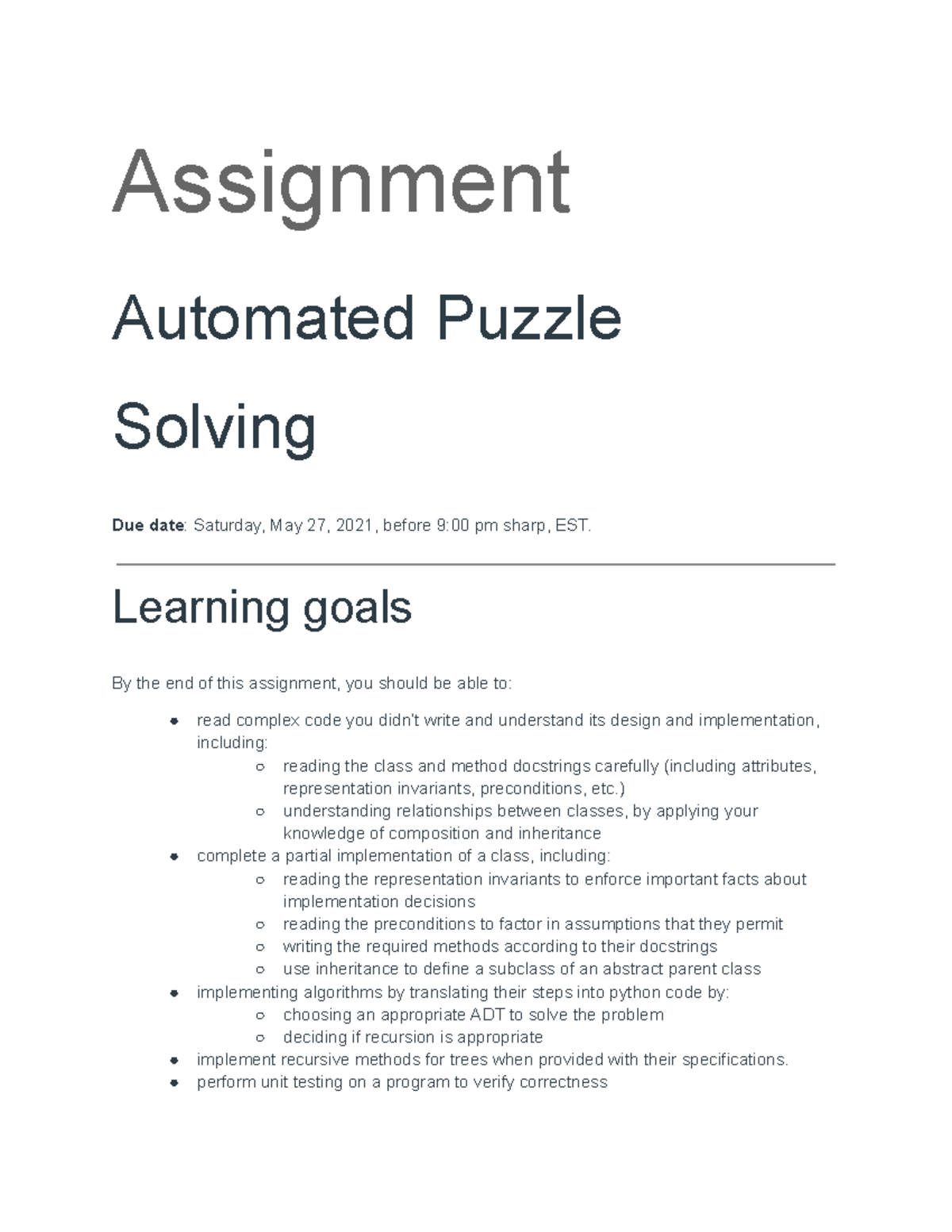 CSC148 Assignment 2 Automated Puzzle Solving - Assignment Automated ...