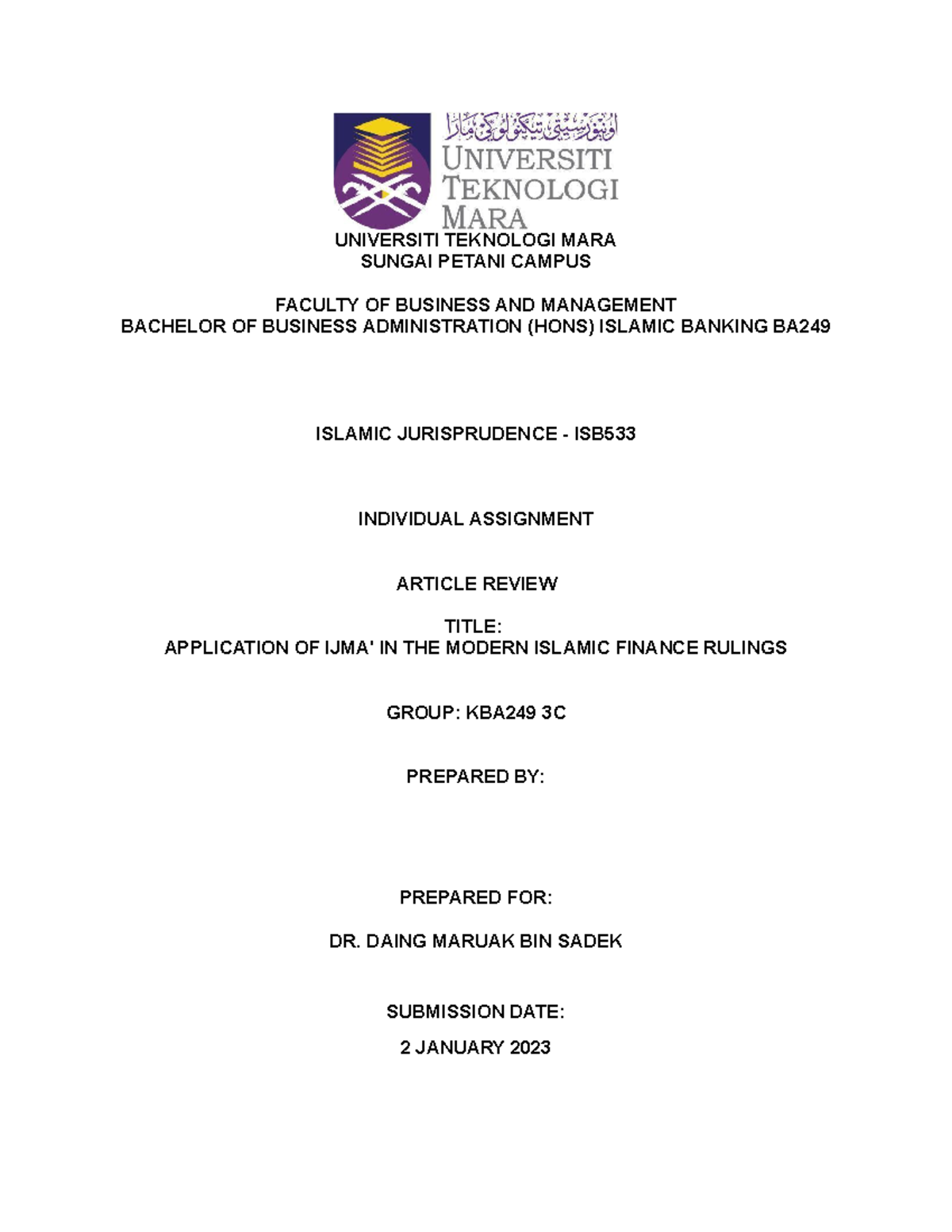 Individual Assignment - UNIVERSITI TEKNOLOGI MARA SUNGAI PETANI CAMPUS ...