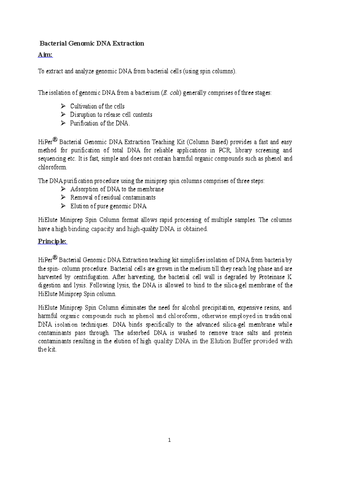 Bacterial Genomic DNA Extraction - 1 Bacterial Genomic DNA Extraction ...