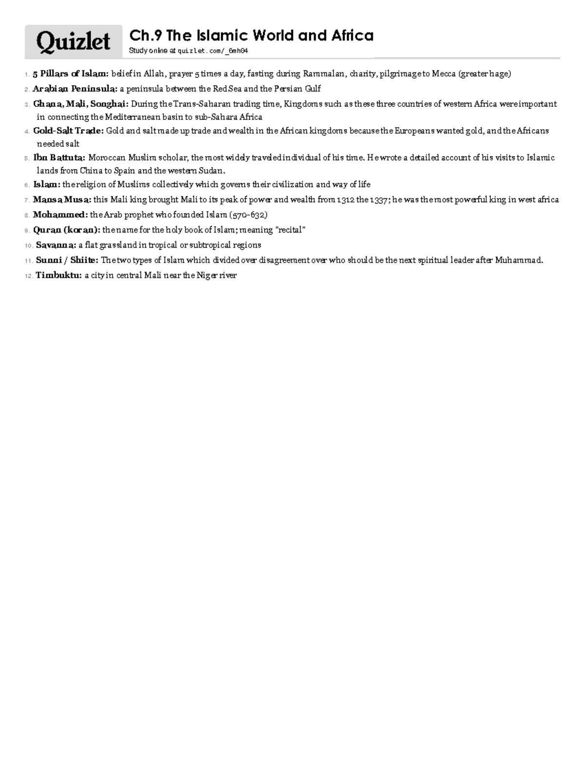 Islam and Africa Vocabulary - 1. 5 Pillars of Islam: belief in Allah ...