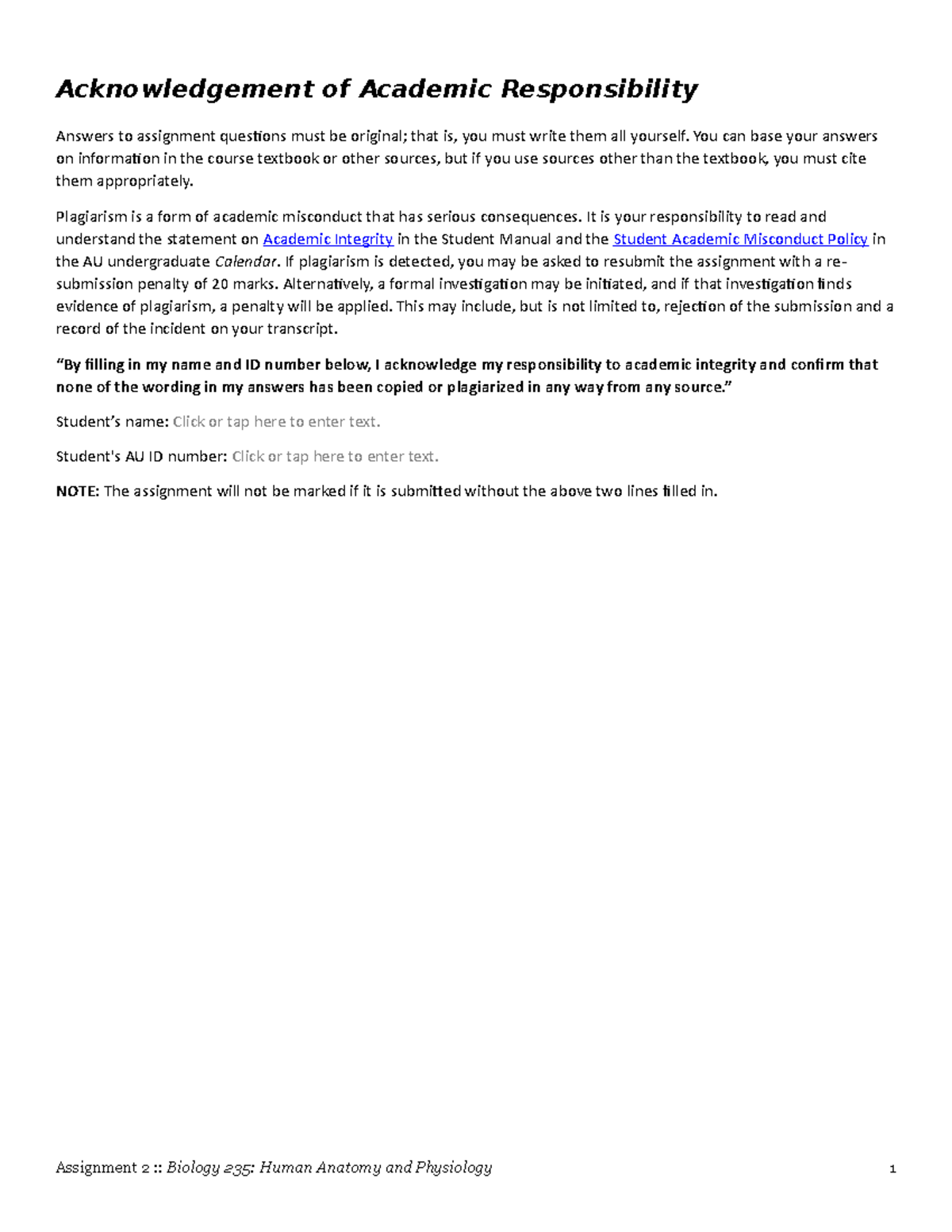 second Assignment of biology - Acknowledgement of Academic ...