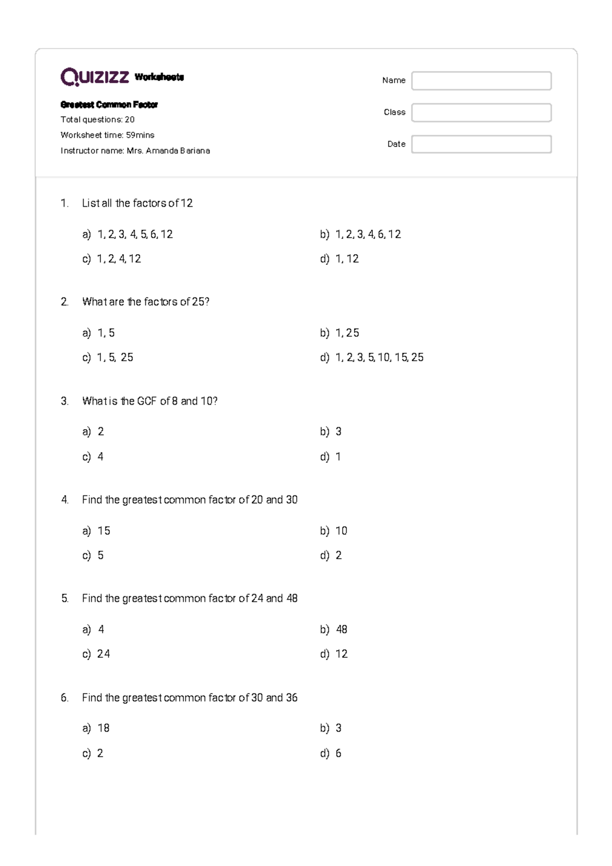 Quizizz - Greatest Common Factor - Worksheets Greatest Common Factor ...