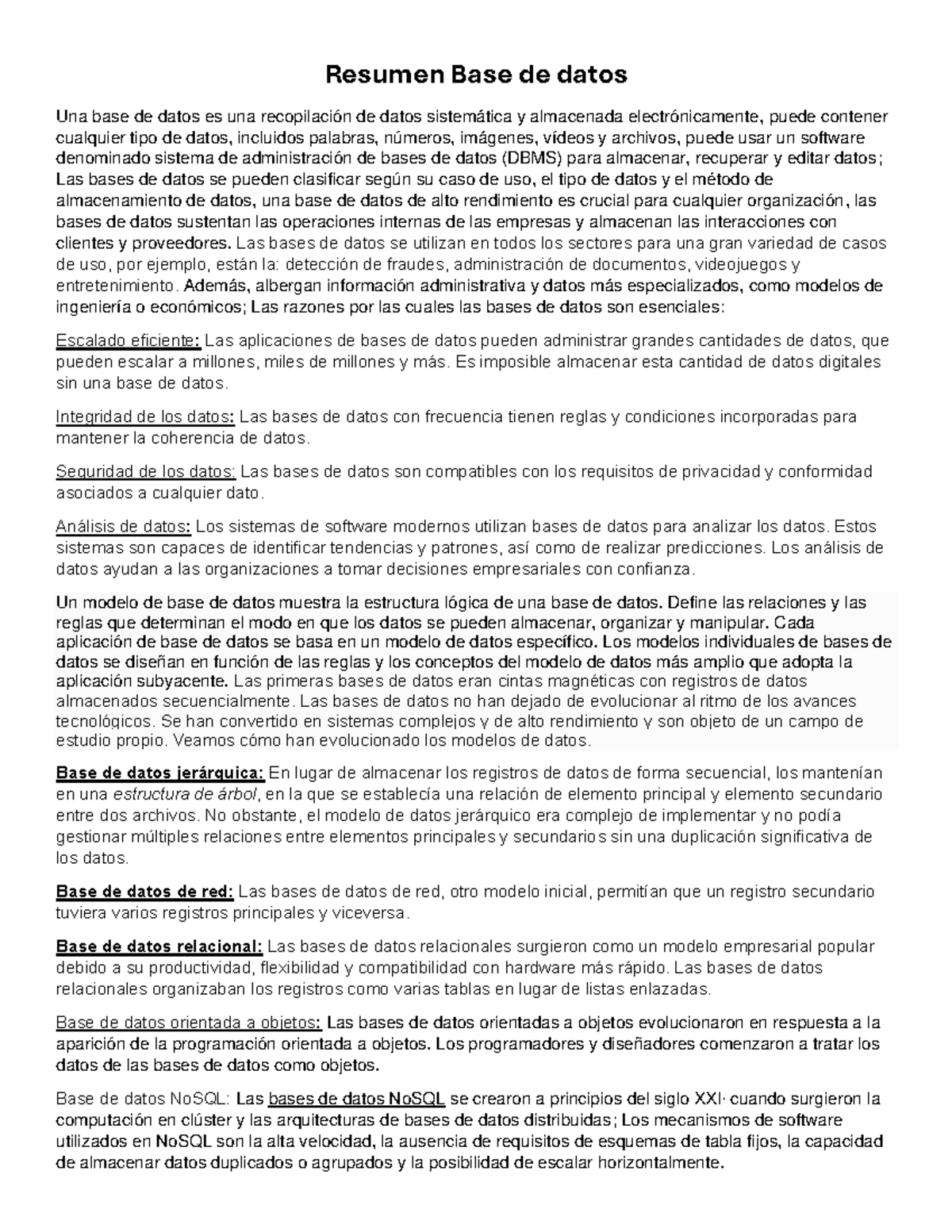 Resumen de base de datos - Resumen Base de datos Una base de datos es una recopilación de datos ...