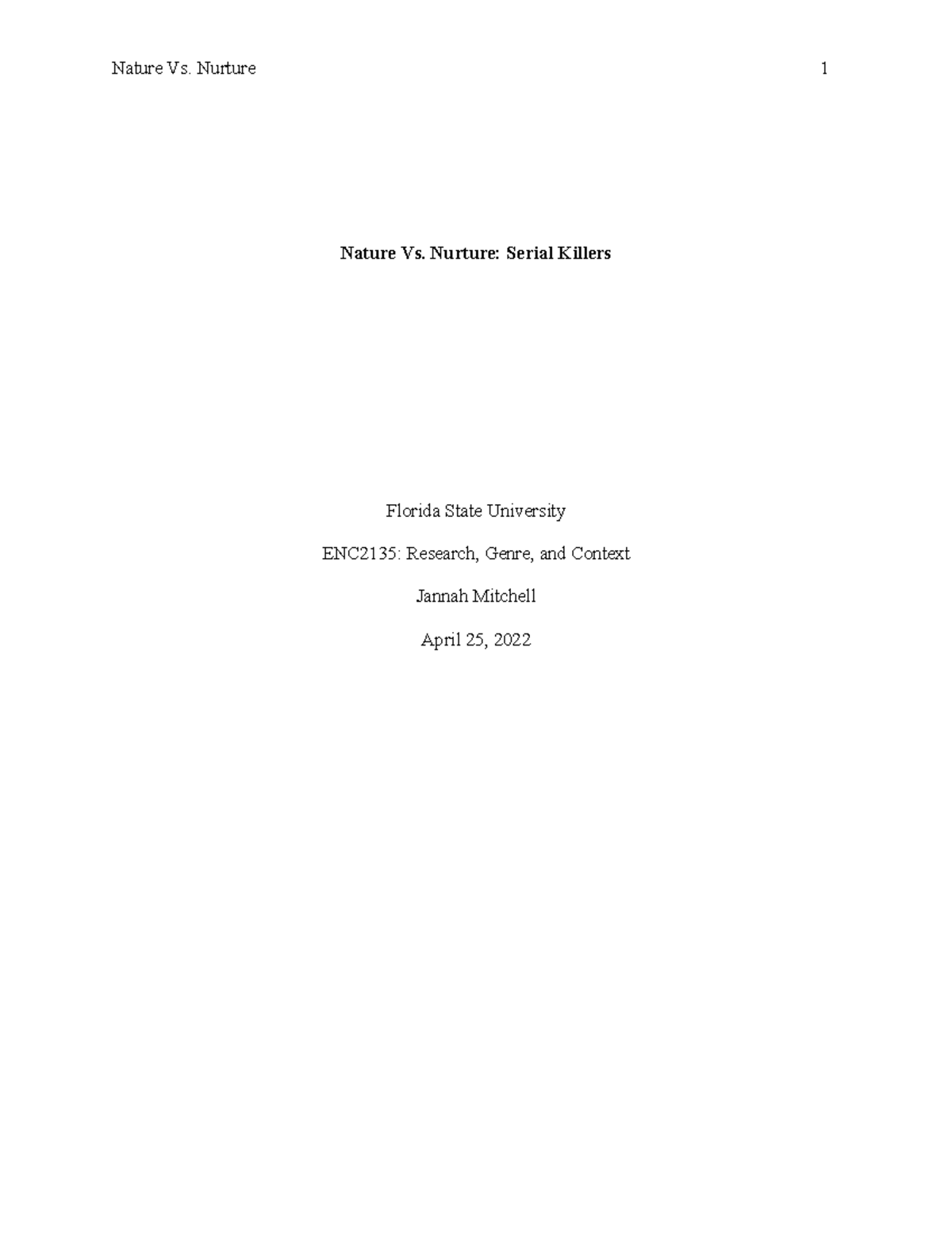 Project 1 Investigative Field Revised Essay - Nature Vs. Nurture ...