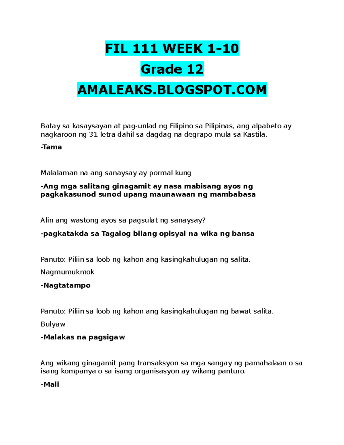 [ Amaleaks. Blogspot.COM] FIL 111 Week 1-10 - FIL 111 WEEK 1- Grade 12 AMALEAKS.BLOGSPOT Batay ...