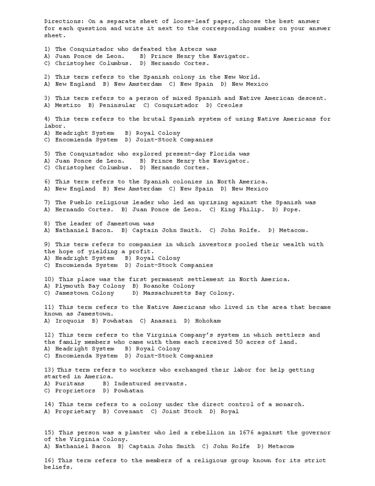 - U.S. History 2 1st Marking Period Test - Directions: On a separate ...