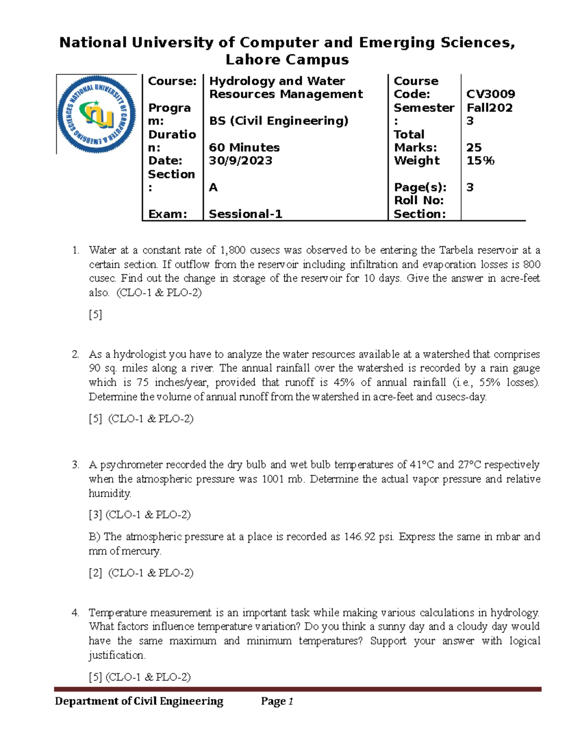 Mid-1 Hydrology 2023 - National University of Computer and Emerging ...