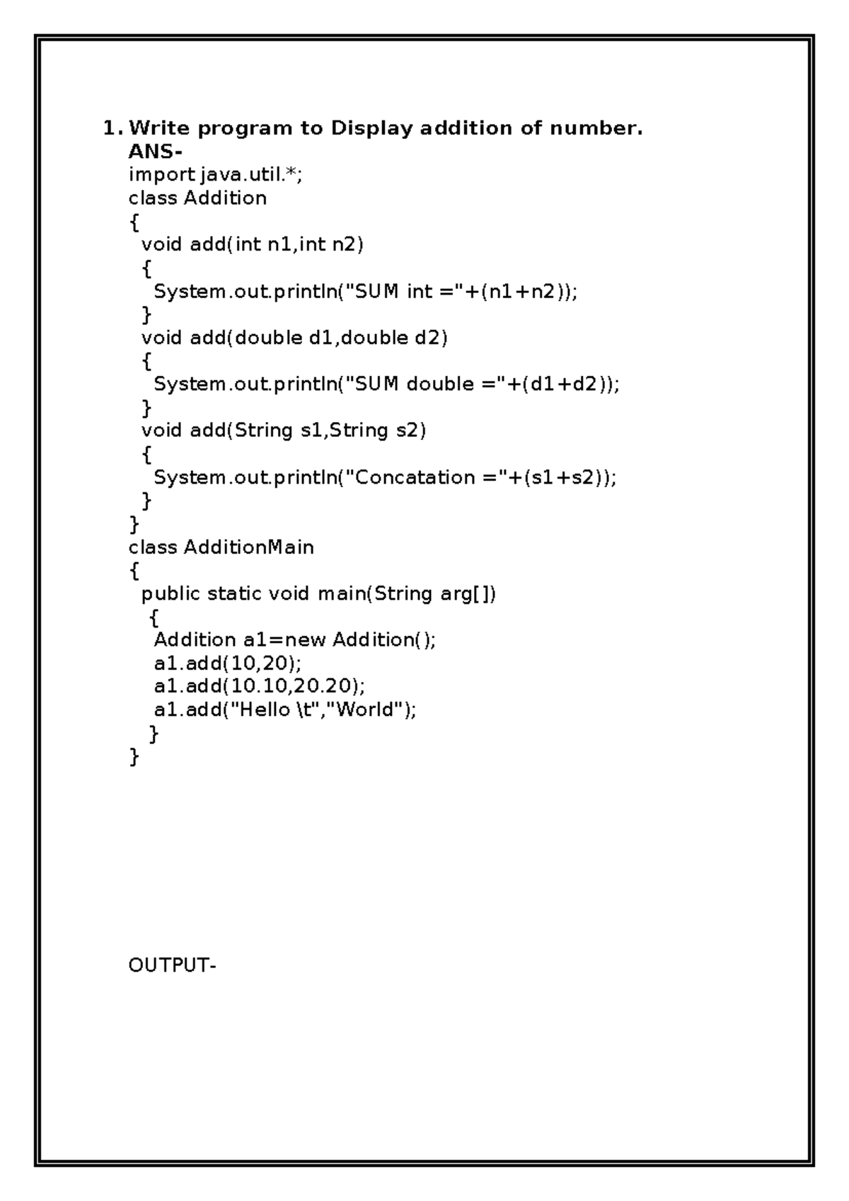 JAVA Programs - java program codes - Write program to Display addition ...
