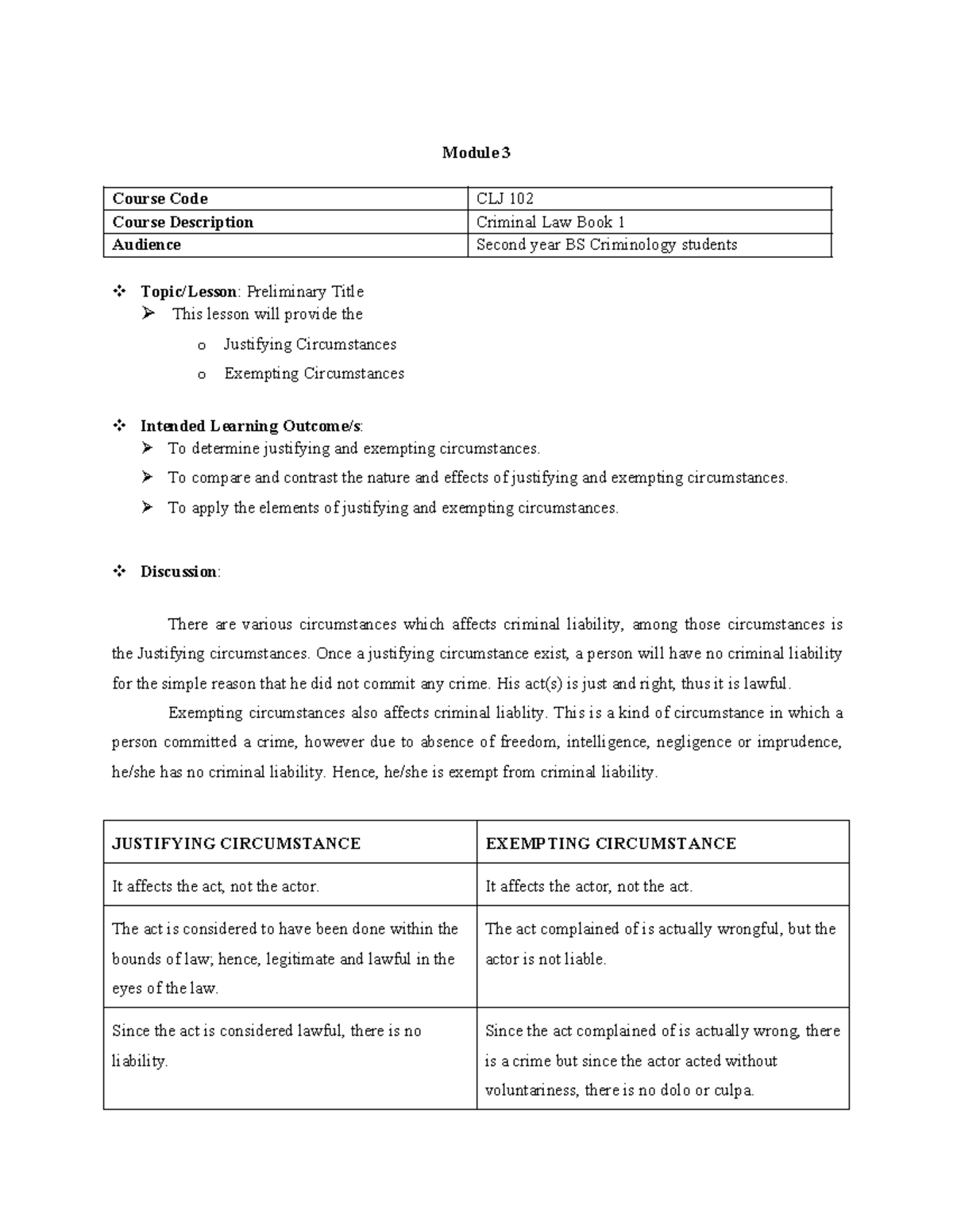 Book1 Module 3 - CRIMINAL JUSTICE SYSTEM - Module 3 Course Code CLJ 102 Course Description ...