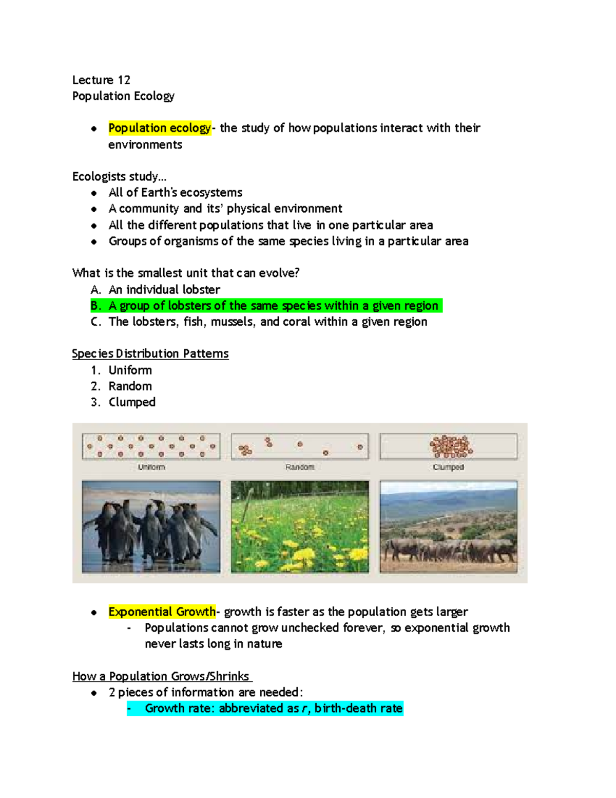 Lecture 12 Population Ecology - .. All of Earth's ecosystems A ...