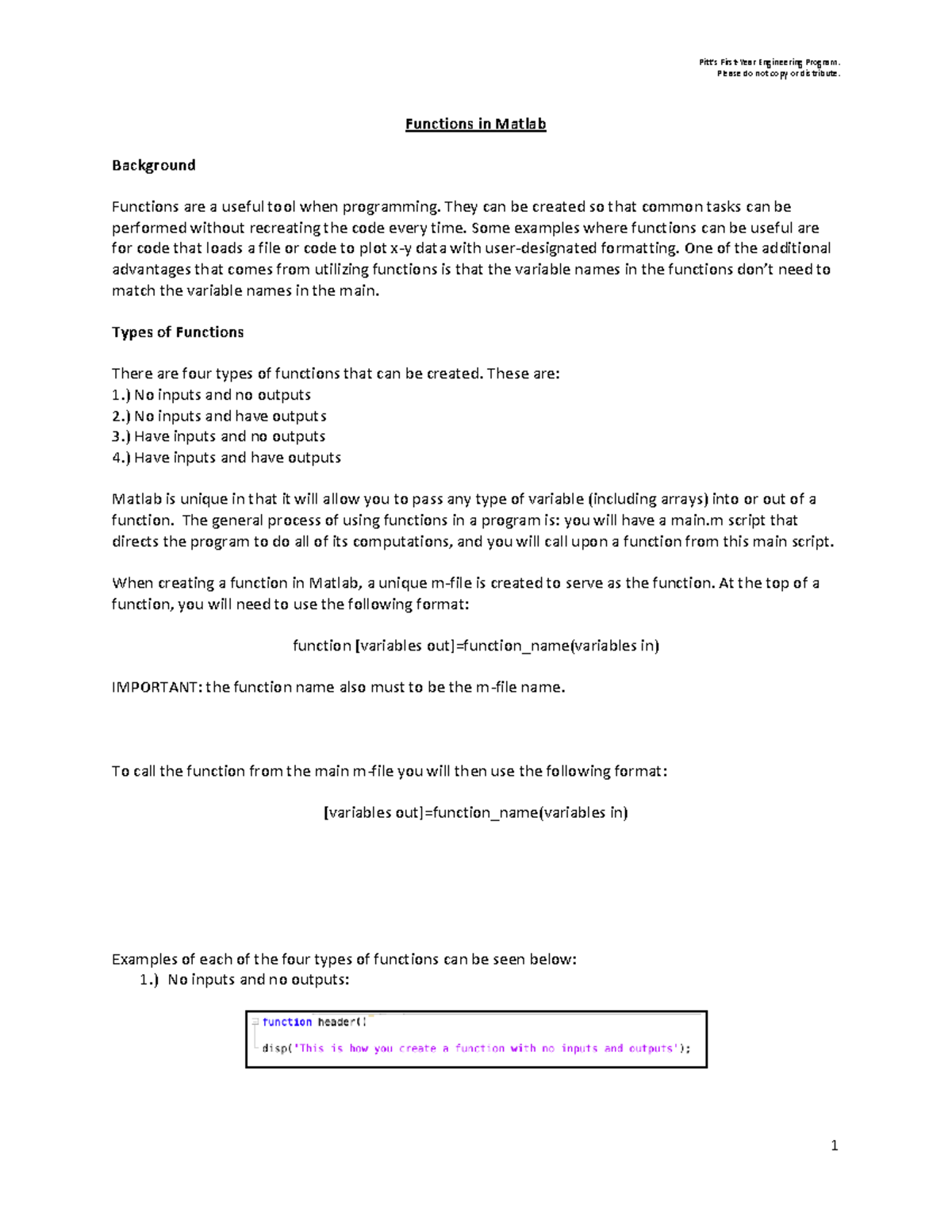 Matlab 11. Functions in Matlab - Pitt’s First-Year Engineering Program. Please do not copy or ...