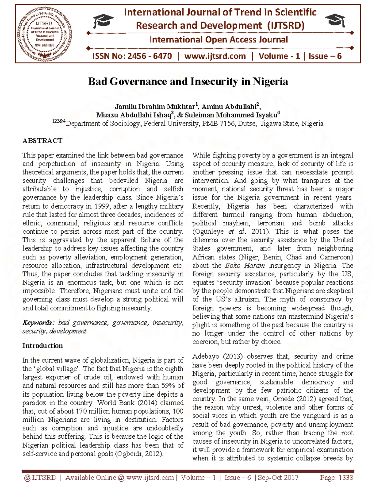 Bad Governance and Insecurity in Nigeria - @ IJTSRD | Available Online @ ijtsrd ISSN No: 2456 ...
