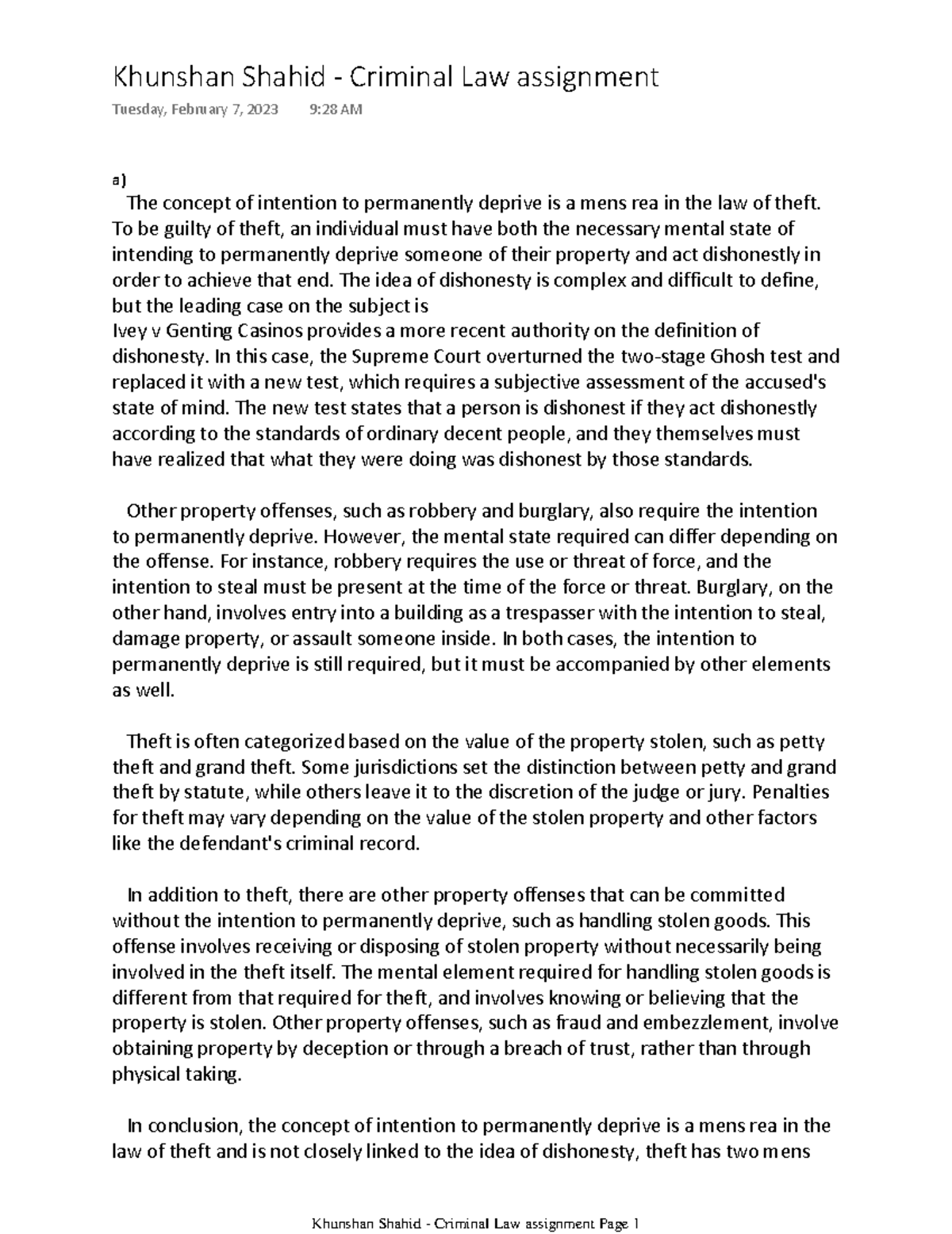 Khunshan Shahid - Criminal Law assignment - 1 - a) The concept of ...