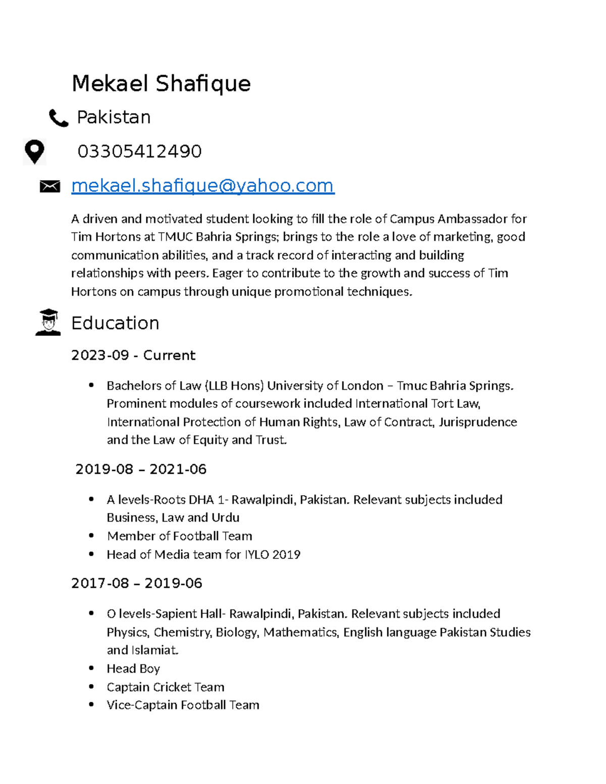 Mekael Shafique CV - Cv demo - Mekael Shafique Pakistan 03305412490 ...