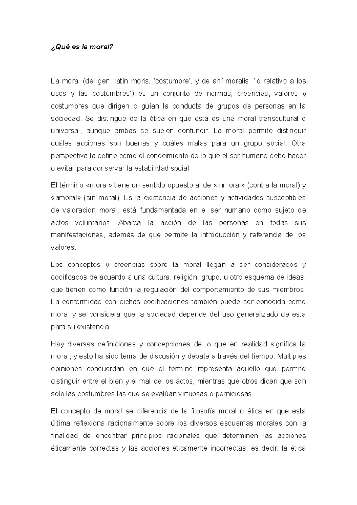 Monogrfia - Que es la moral - ¿Qué es la moral? La moral (del gen ...