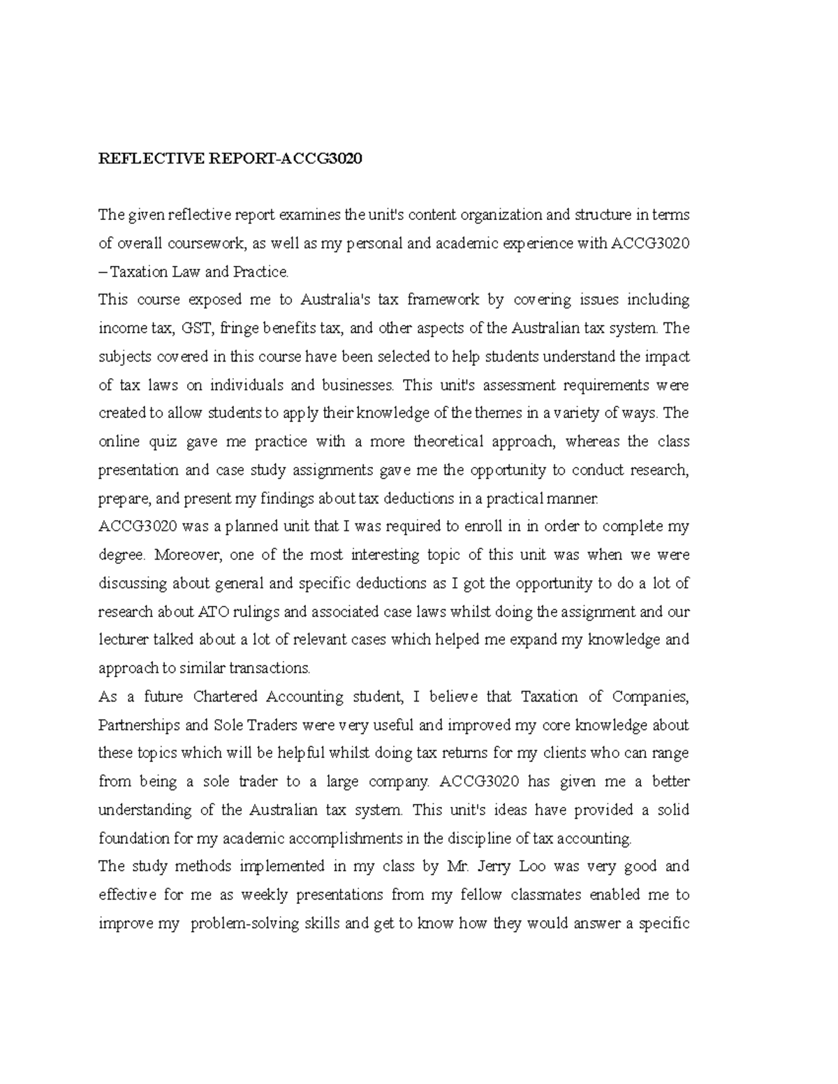 Reflective Report - ACCG3020 notes ACCG3020 notes ACCG3020 notes ...