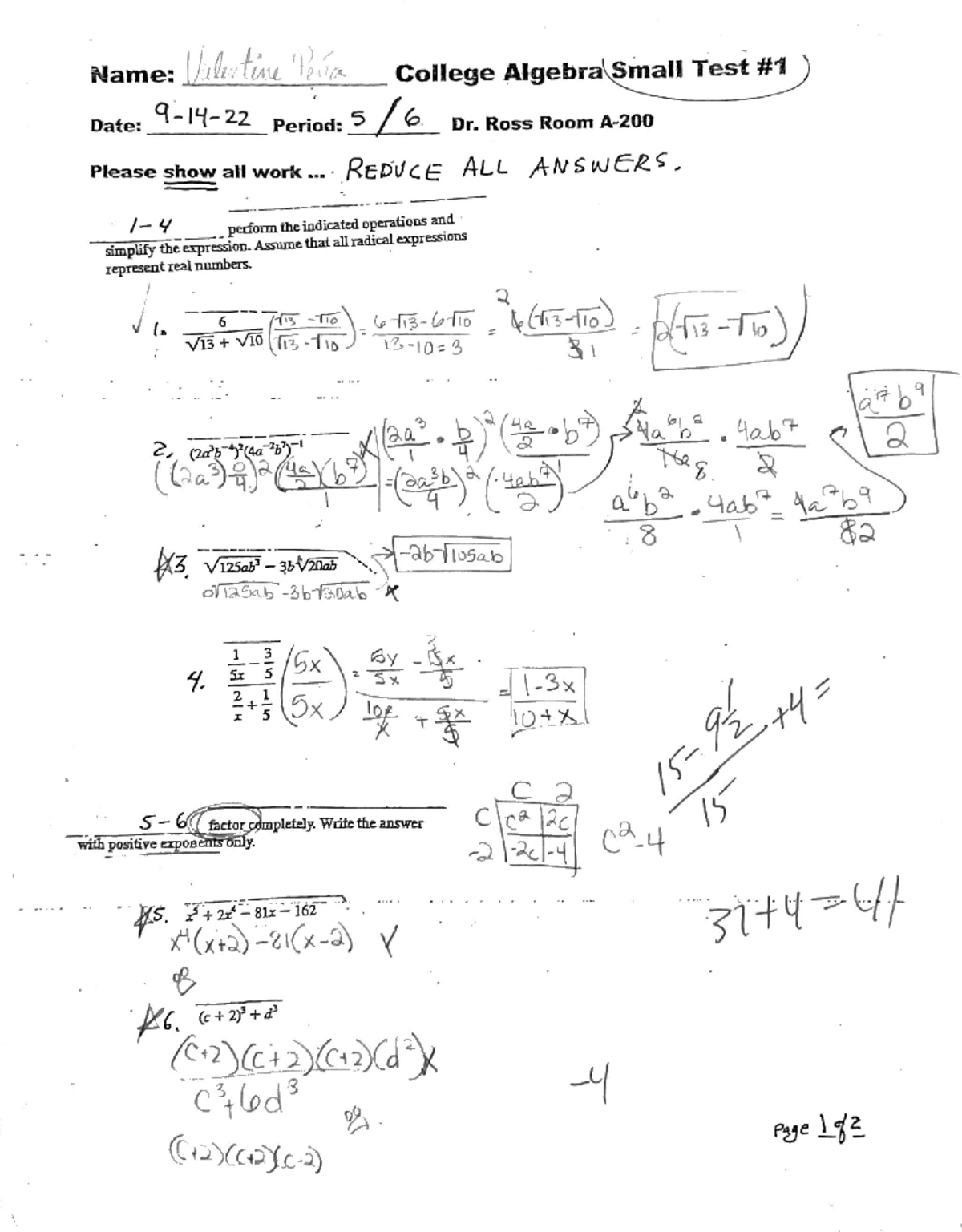 Small test 1 - Tests regarding simplifying the expression, radical ...