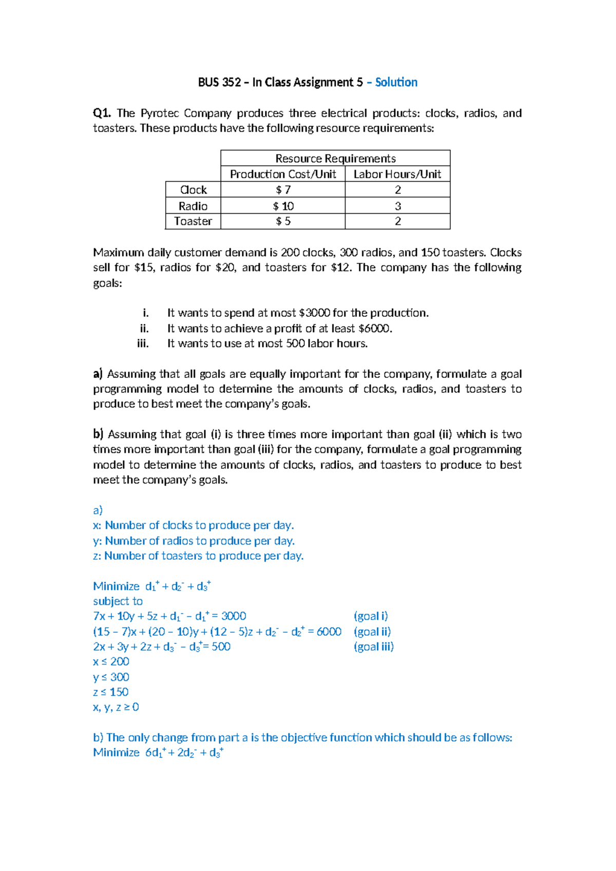 ICA5-Solutionii - BUS 352 – In Class Assignment 5 – Solution Q1. The ...