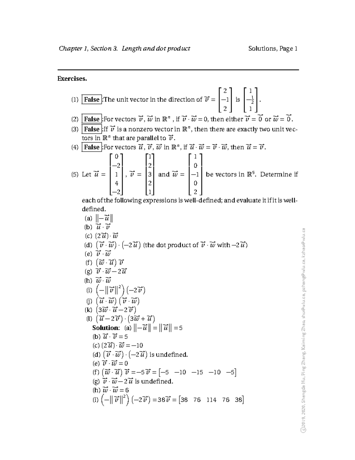 Chapter 1.3 Solutions - Chapter 1, Section 3. Length and dot product Solutions, Page 1 Exercises ...