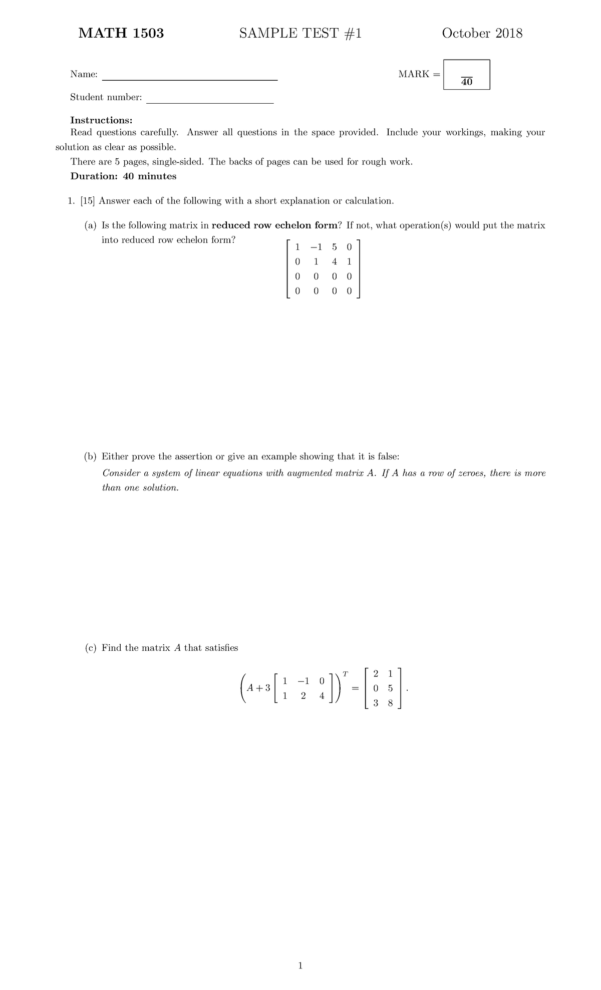Test, questions and answers - MATH 1503 SAMPLE TEST #1 October 2018 ...
