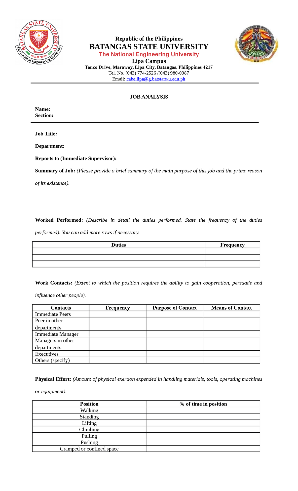 Job Analysis Template - Republic of the Philippines BATANGAS STATE ...