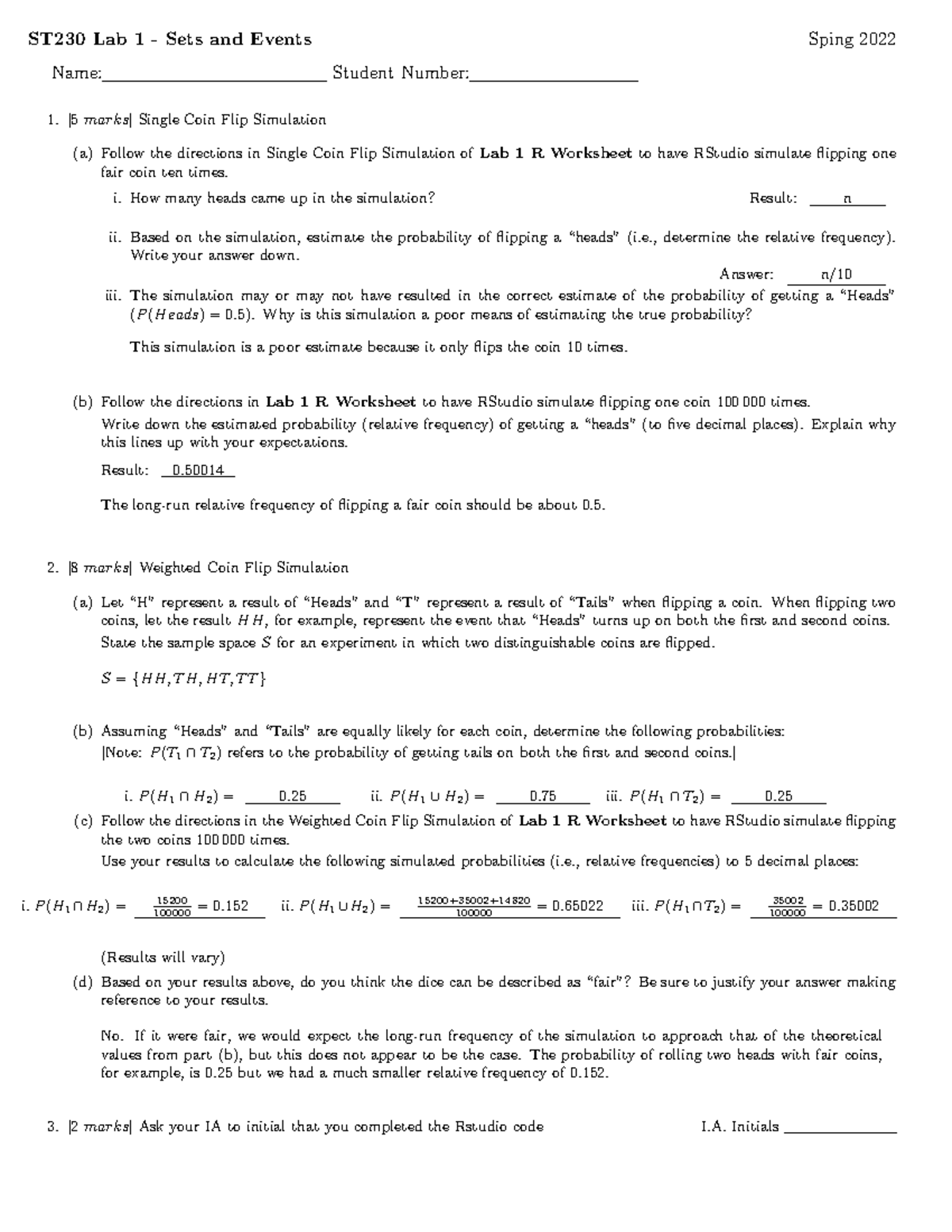 230Assignment 1Solutions - ST230 Lab 1 - Sets and Events Sping 2022 Name: Student Number ...