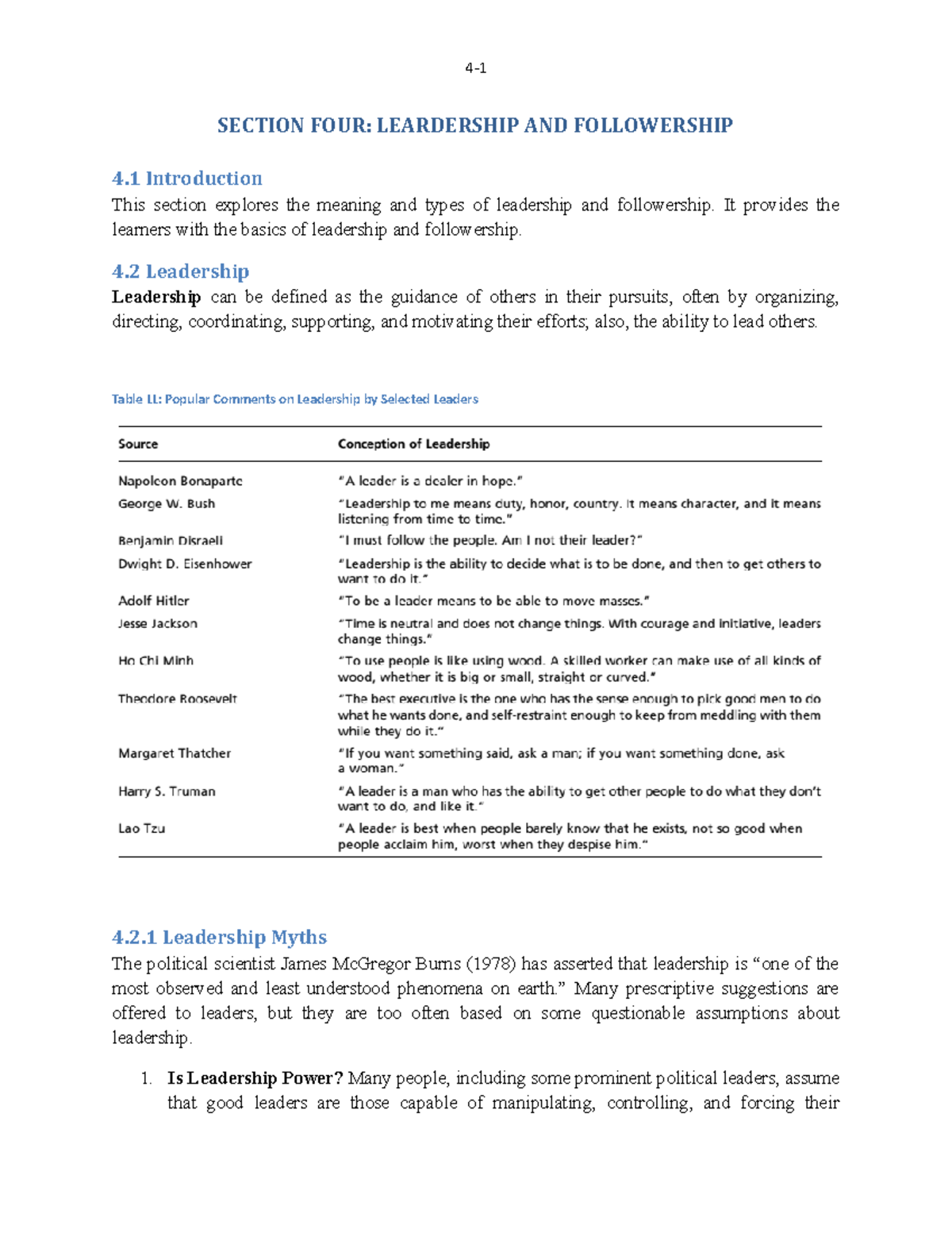 Leardership AND Followership - SECTION FOUR: LEARDERSHIP AND ...