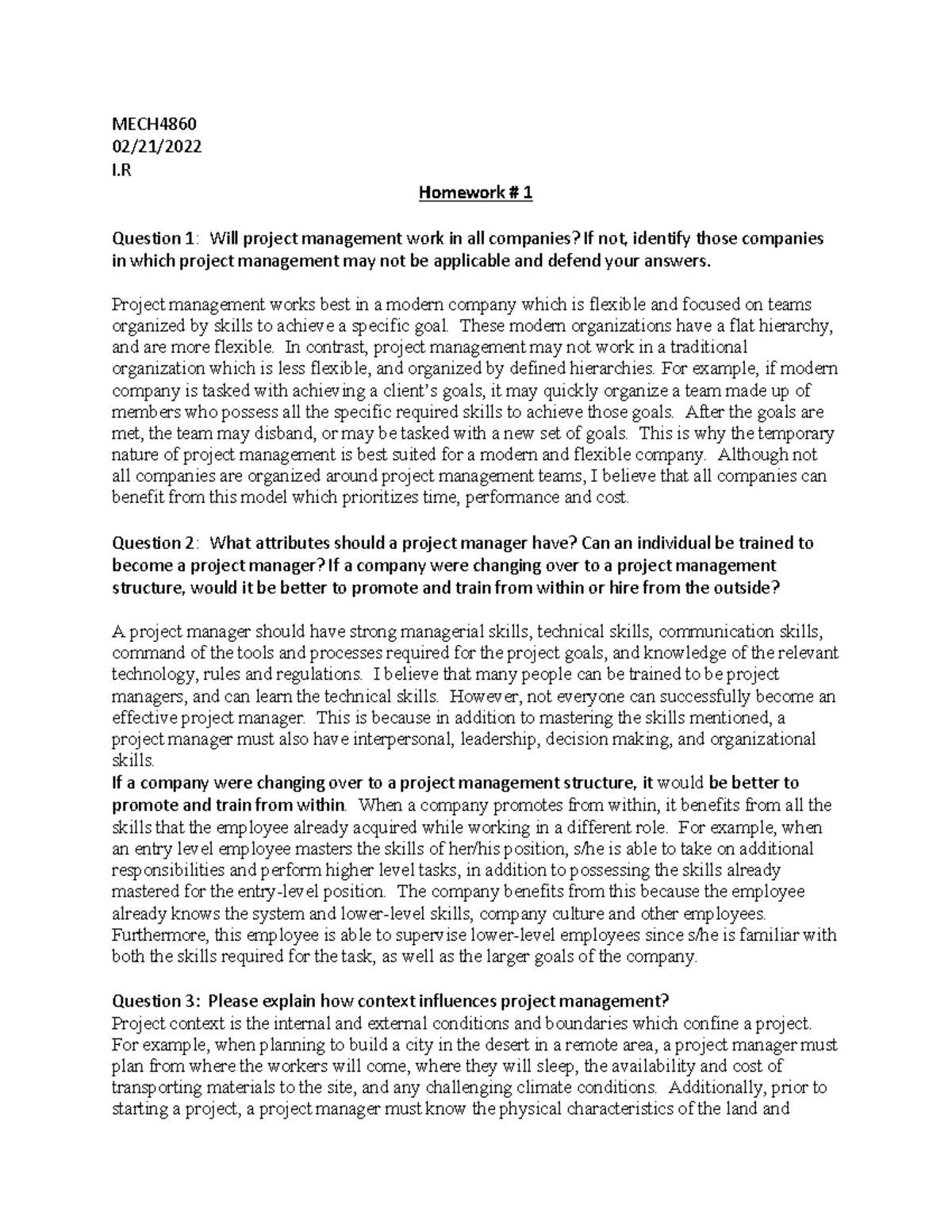 MECH4860 Project management homework on Chapter 1 - MECH 02/21/ I ...