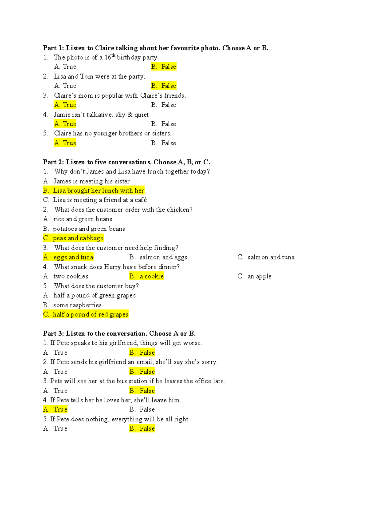 Practice test - Test - Part 1: Listen to Claire talking about her ...