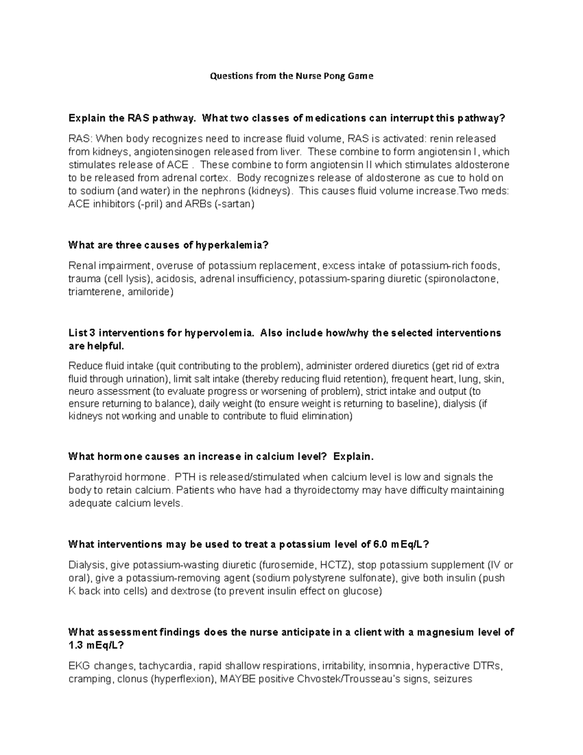 Fluid and electrolyte nurse pong questions - Questions from the Nurse ...