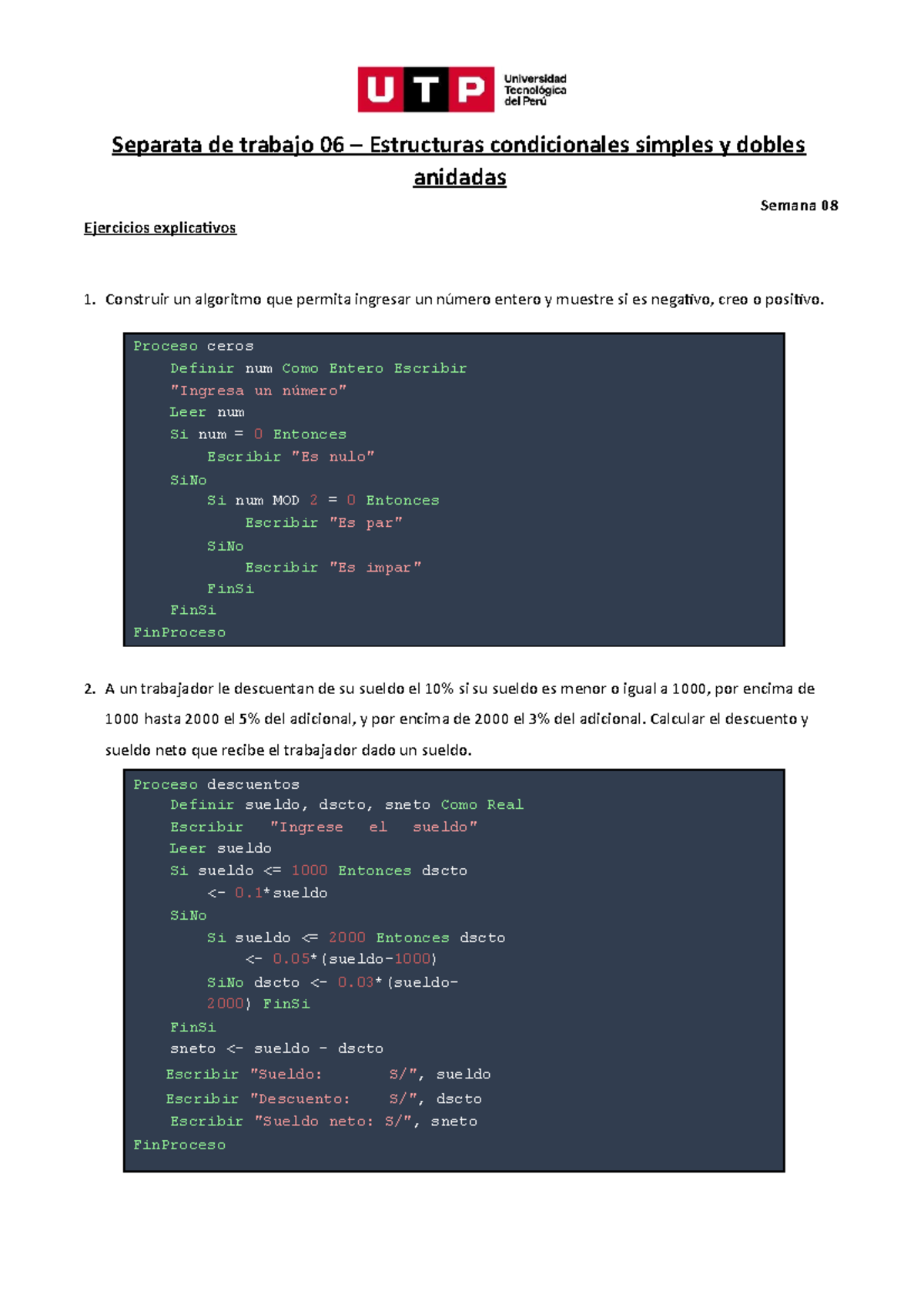 Separata 06 Unidad 02 - Separata de trabajo 06 – Estructuras condicionales simples y dobles ...
