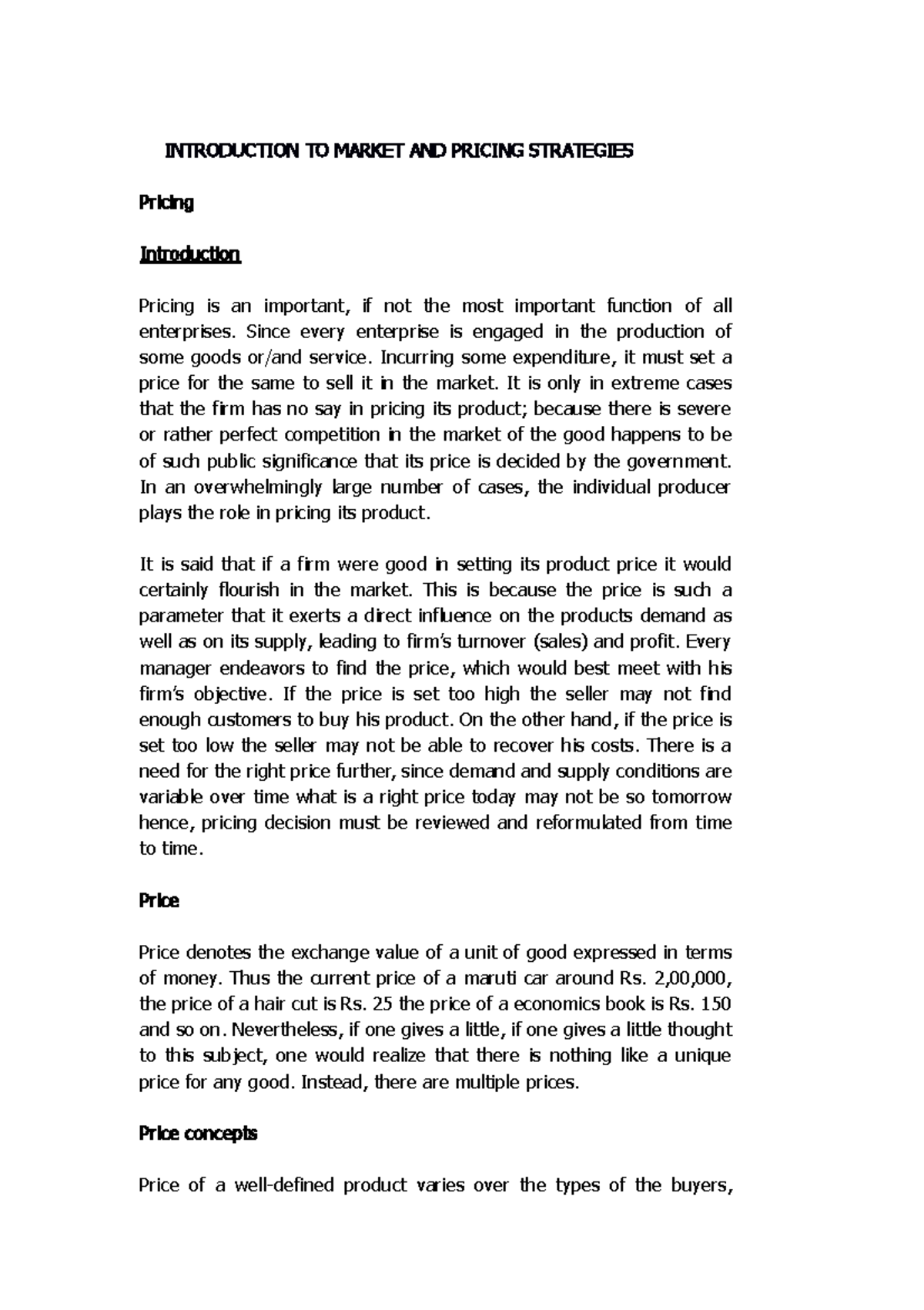 Introduction TO Market AND Pricing Strategies - INTRODUCTION TO MARKET ...