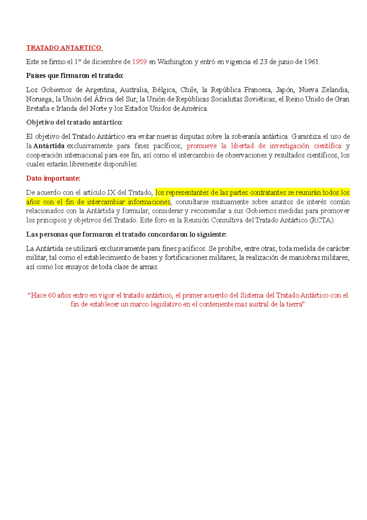 Tratado Antartico - cvbnm - TRATADO ANTARTICO Este se firmo el 1° de diciembre de 1959 en ...