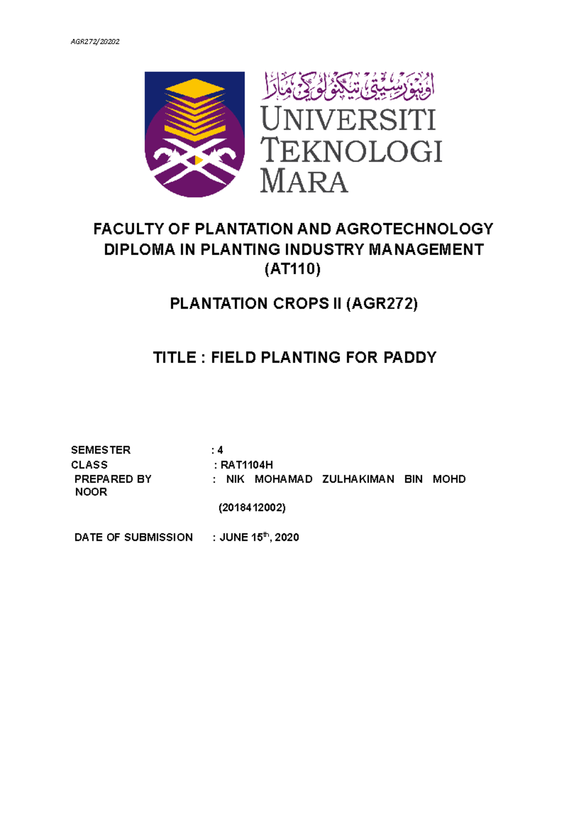 Plant CROP II - FACULTY OF PLANTATION AND AGROTECHNOLOGY DIPLOMA IN ...