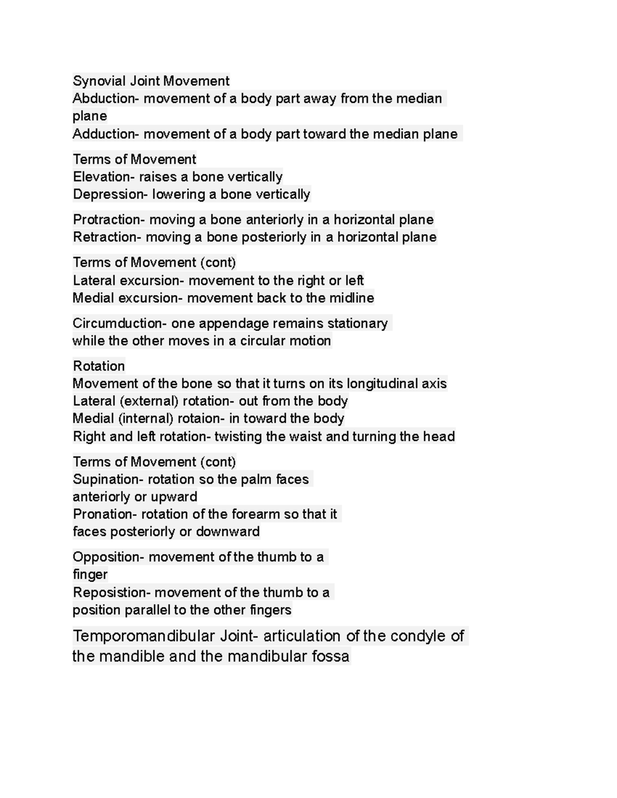 Anat 3 - practice - Synovial Joint Movement Abduction- movement of a body part away from the ...