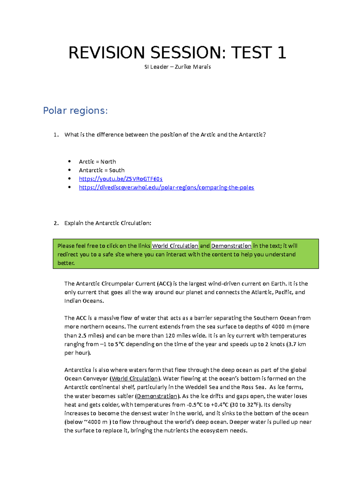 Revision part 1 - MEMO - Hello - REVISION SESSION: TEST 1 SI Leader ...
