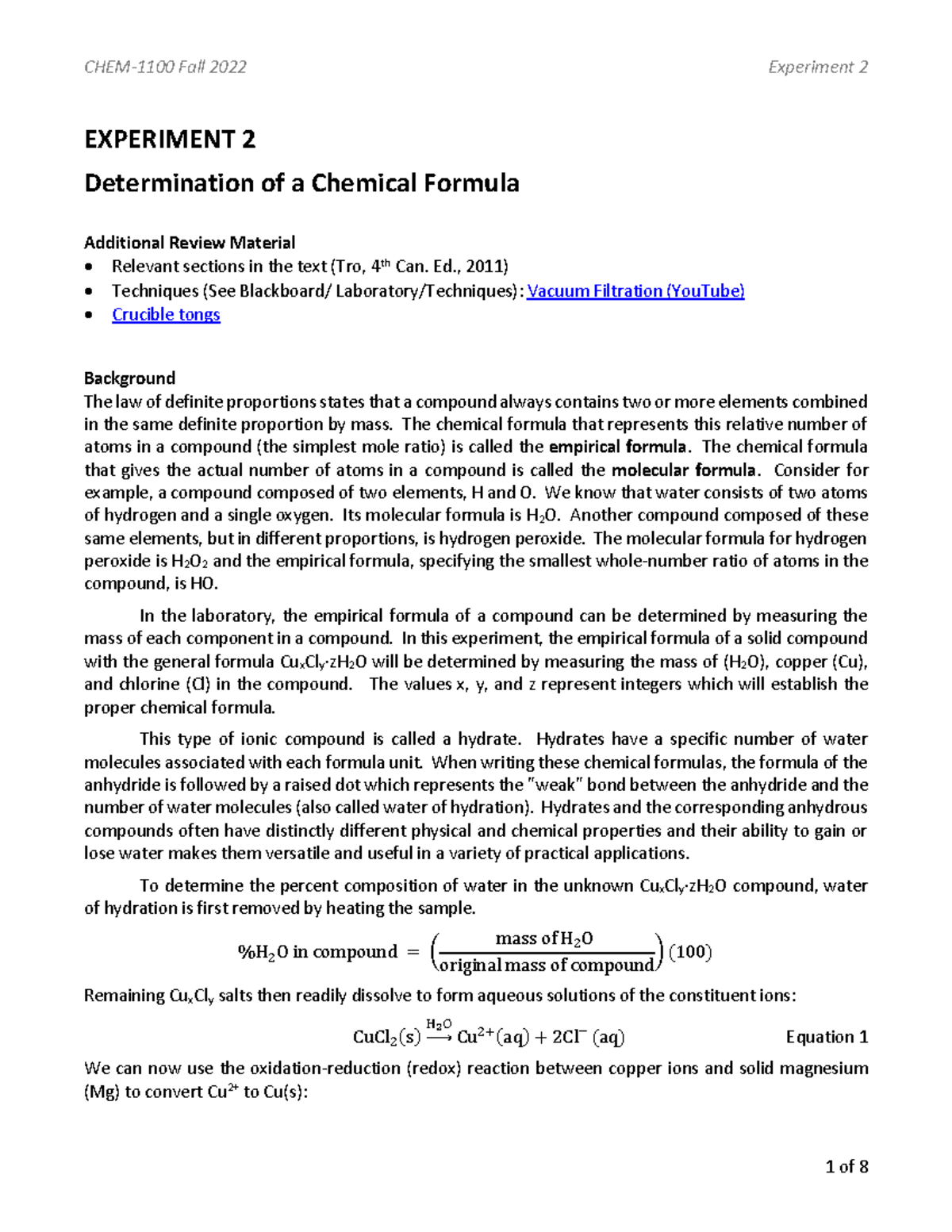 Exp.2 Determination of a Chemical Formula - EXPERIMENT 2 Determination ...