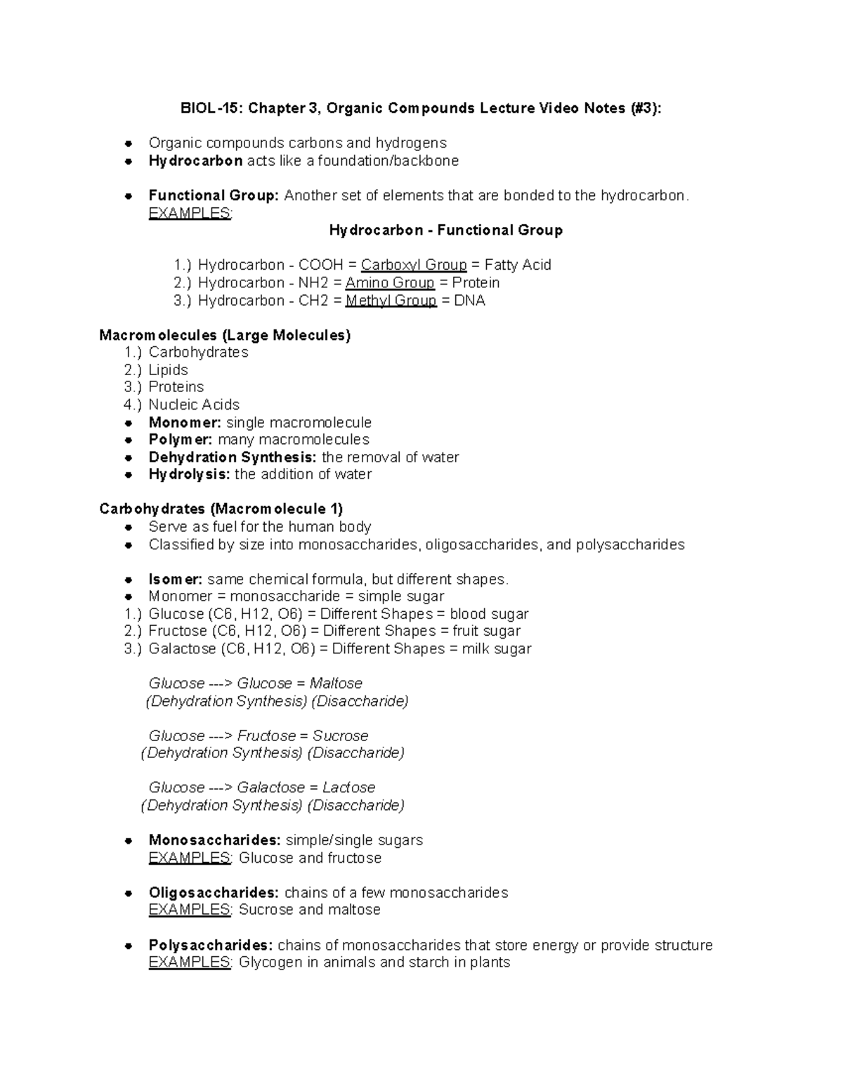BIOL-15 Chapter 3, Organic Compounds Lecture Video Notes (#3) - BIOL-15 ...