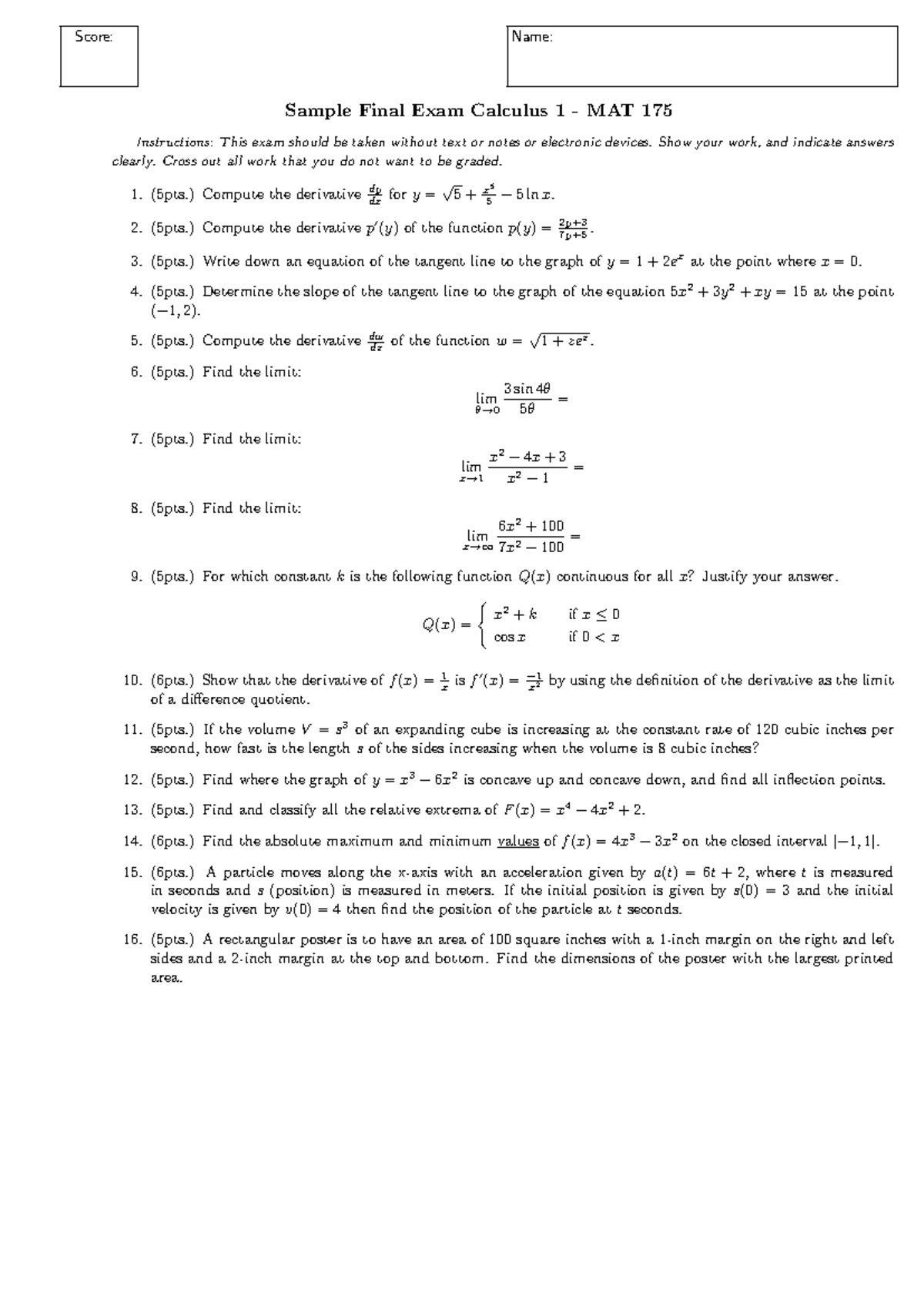 MAT175samplefinalexam - Score: Name: Sample Final Exam Calculus 1 - MAT ...