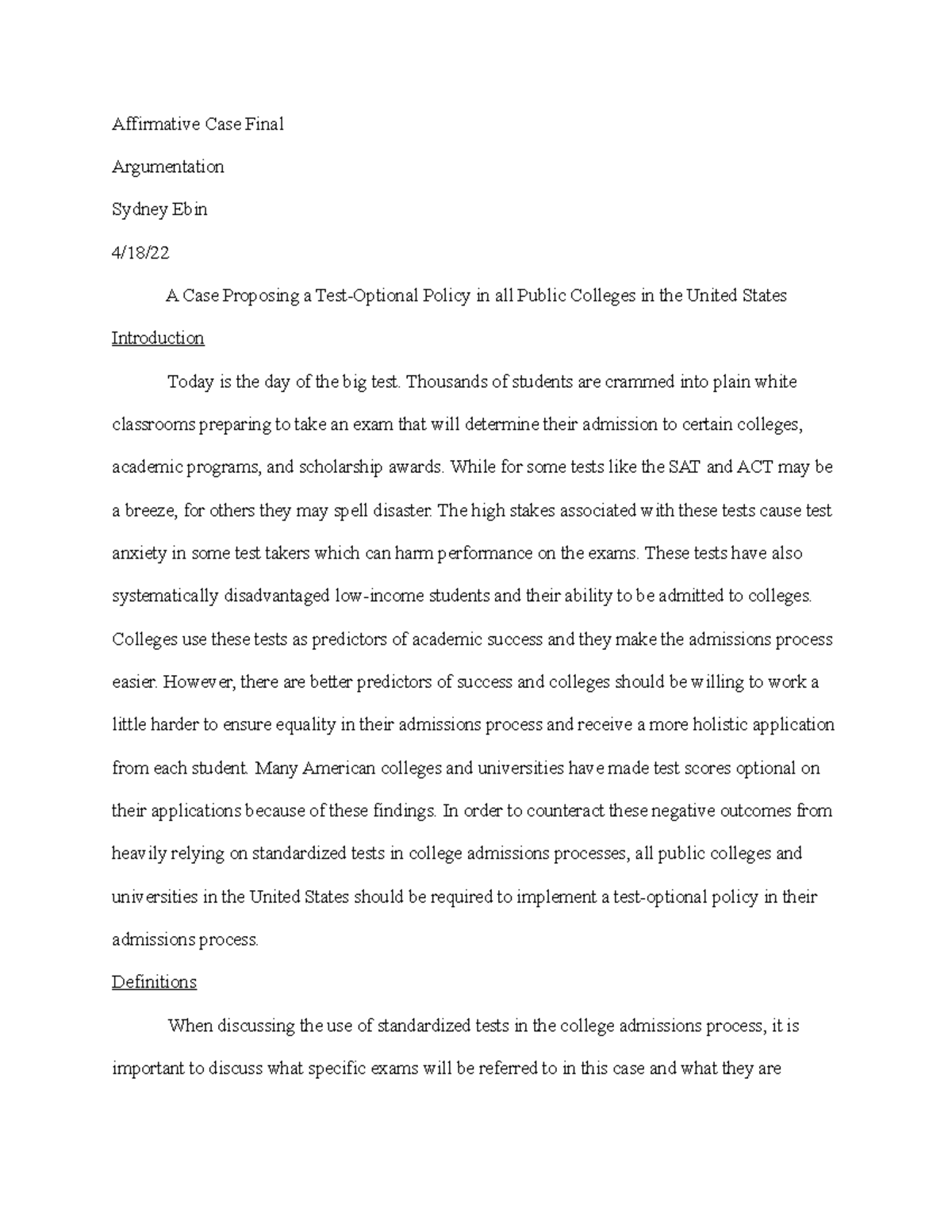 Affirmative Case Final - Affirmative Case Final Argumentation Sydney ...