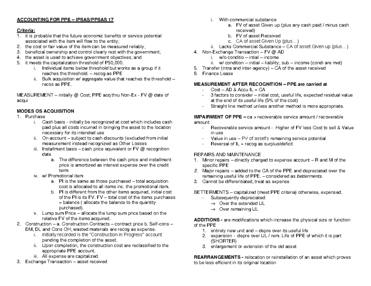 Accounting FOR PPE - ACCOUNTING FOR PPE – IPSAS/PPSAS 17 Criteria: it ...