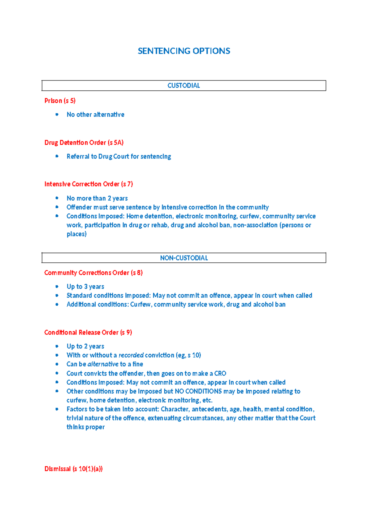 Sentencing Options Cheat Sheet - SENTENCING OPTIONS CUSTODIAL Prison (s ...