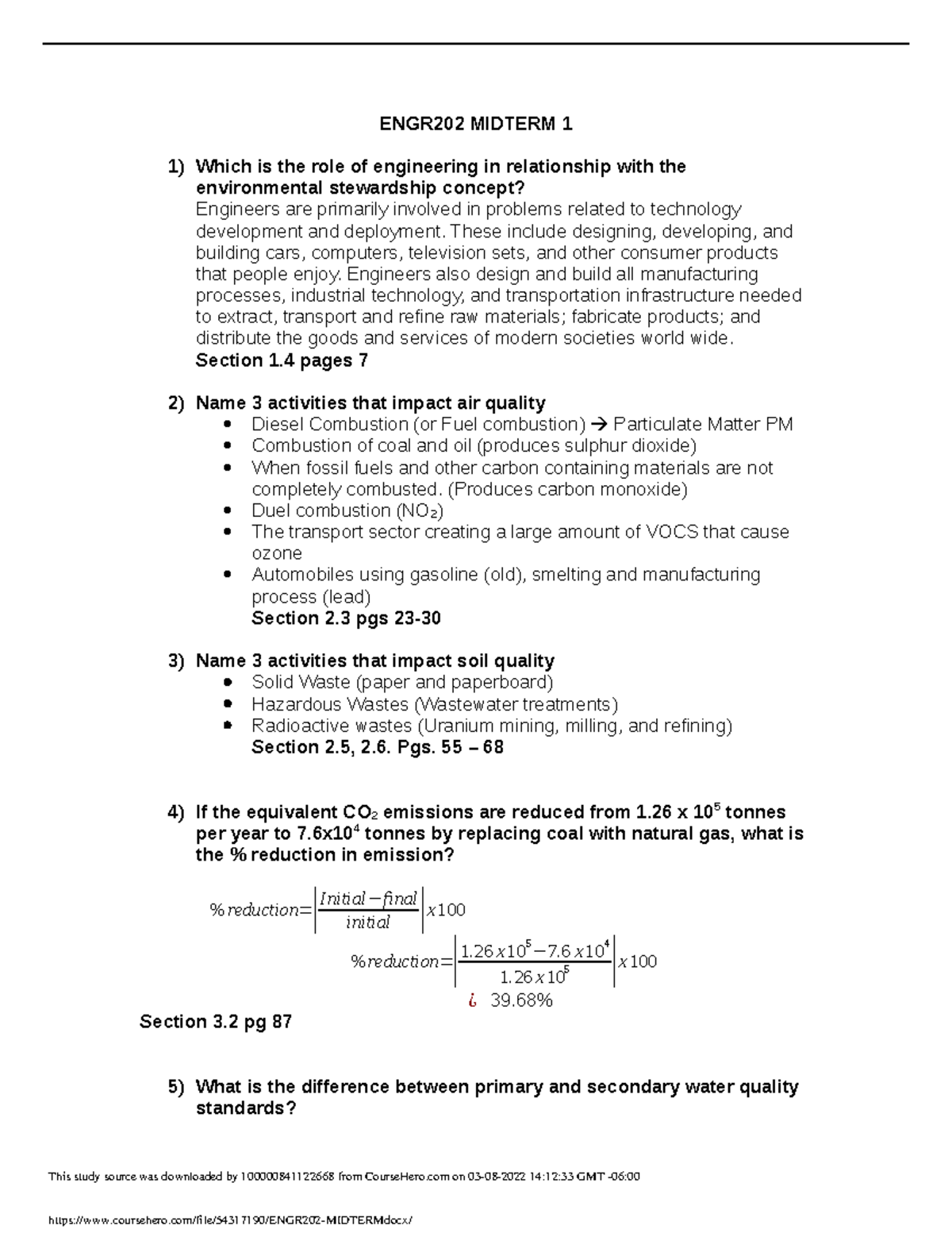 ENGR202 Midterm - ENGR202 MIDTERM 1 1) Which is the role of engineering ...