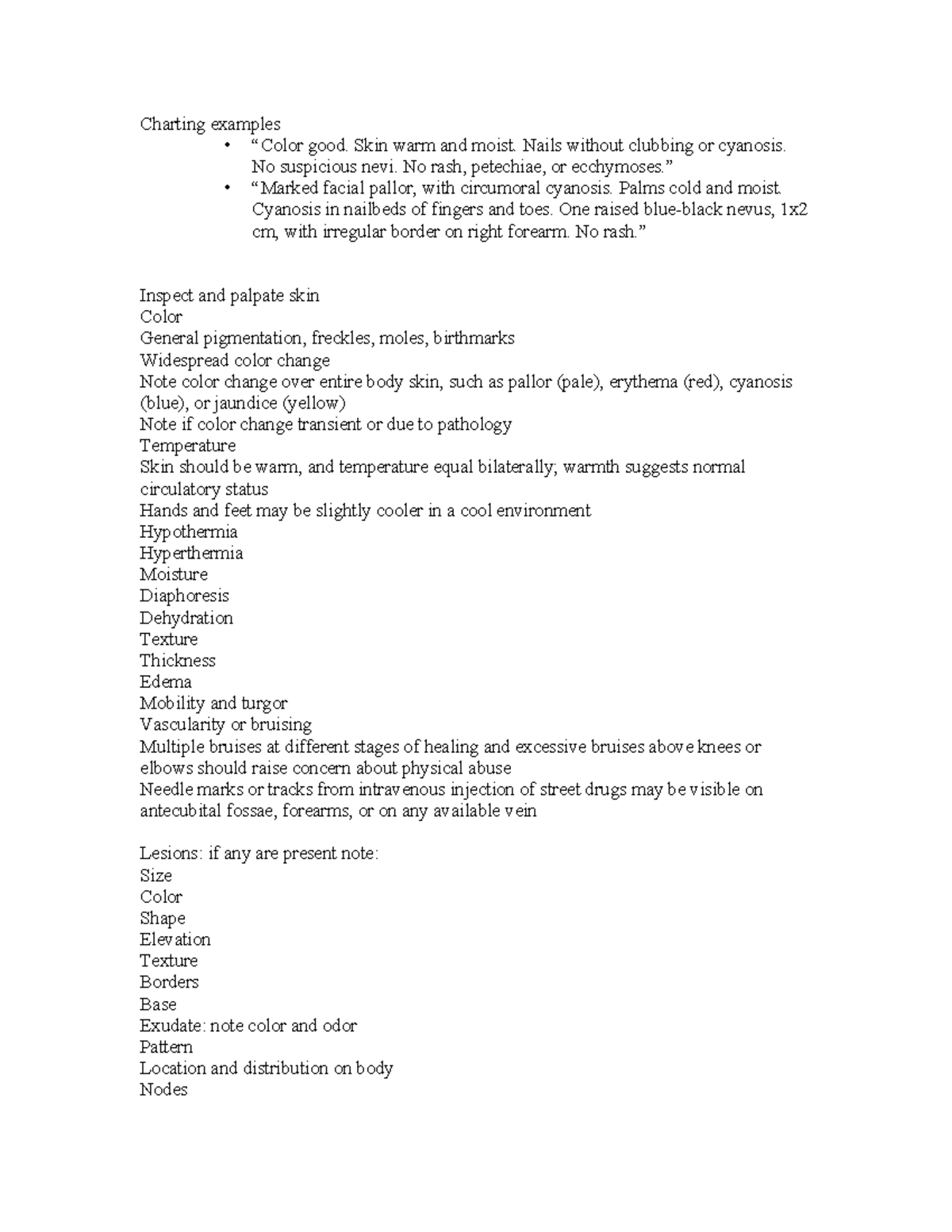 Derm Charting Examples - Charting examples - “Color good. Skin warm and ...