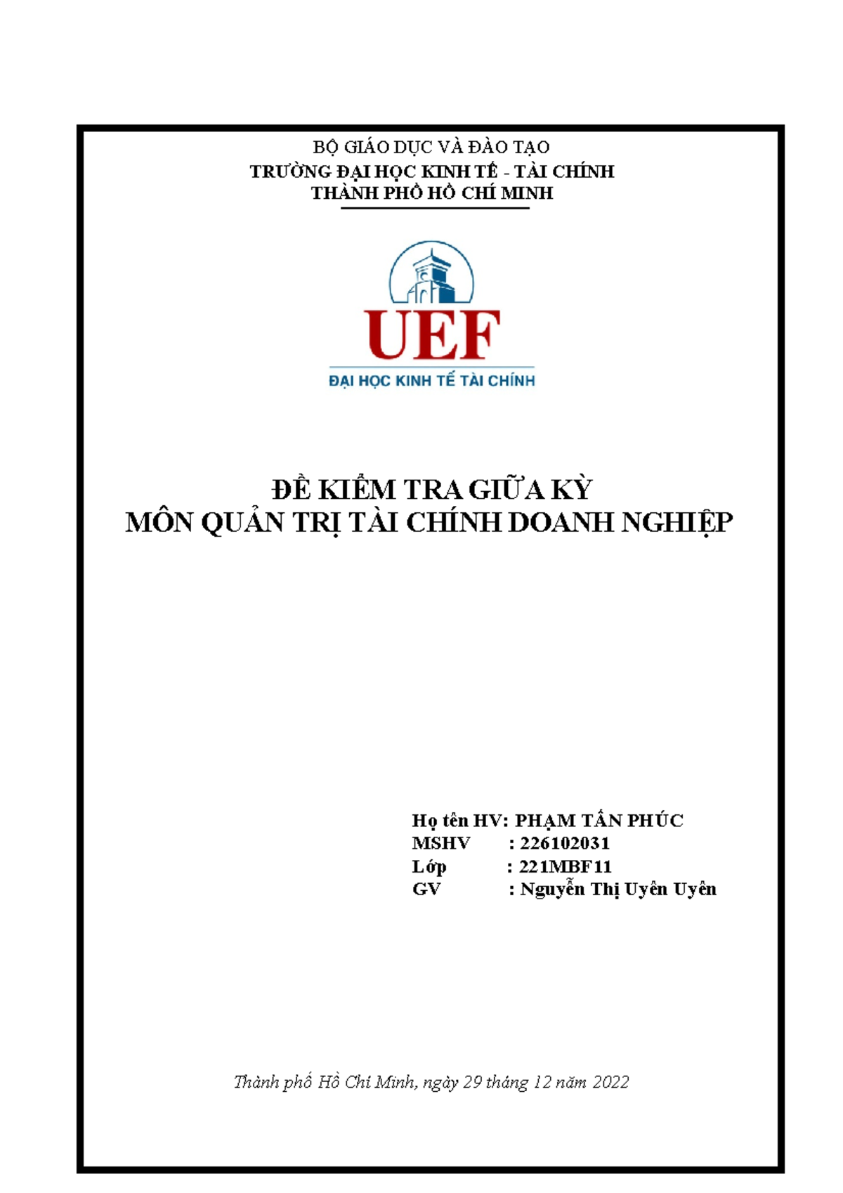 PHAM TAN PHUC - KIEM TRA GIUA KY MON QUAN TRI TAI Chinh - BỘ GIÁO DỤC VÀ ĐÀO TẠO TRƯỜNG ĐẠI HỌC ...