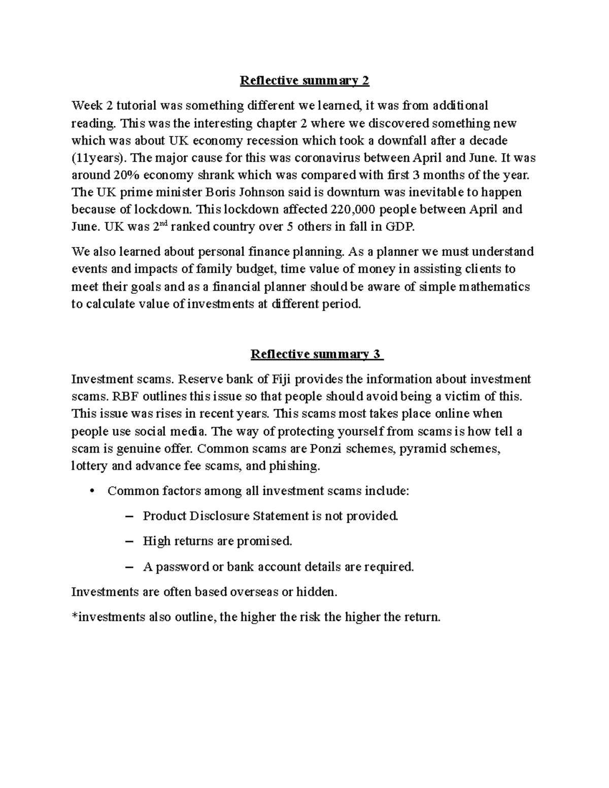 FM102 Reflection 2 and 3 - Reflective summary 2 Week 2 tutorial was ...