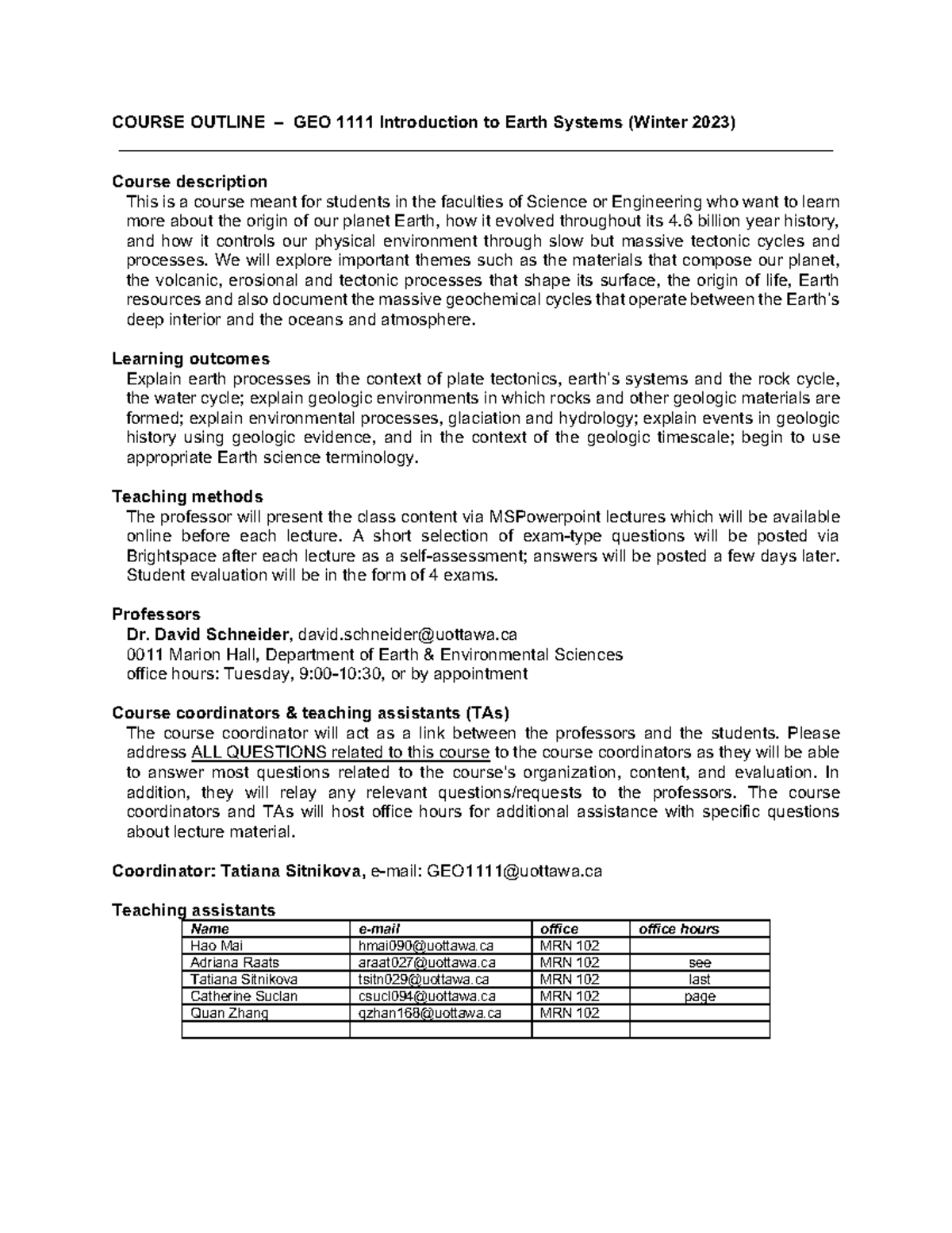 Geo1111 syllabus 2023 - Prof Schneider - COURSE OUTLINE – GEO 1111 ...