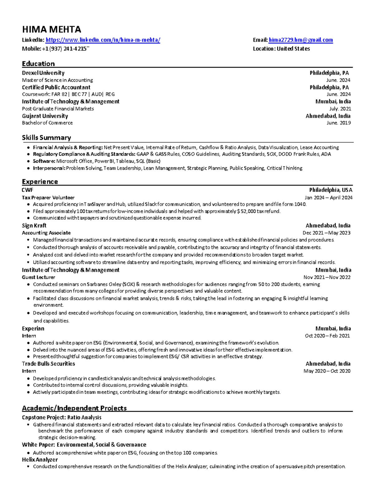 Hima Mehta Resume - HIMA MEHTA LinkedIn: linkedin/in/hima-m-mehta ...