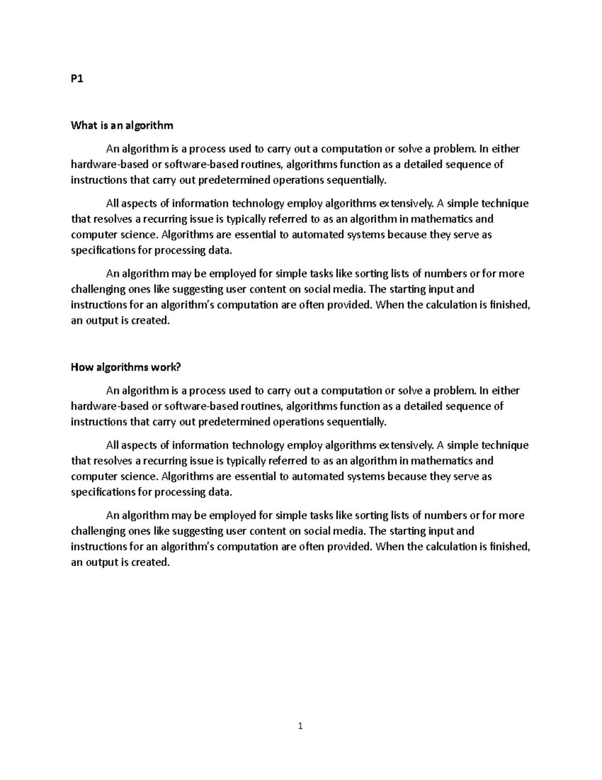 P1 - Pragramming asessment short note - P What is an algorithm An ...